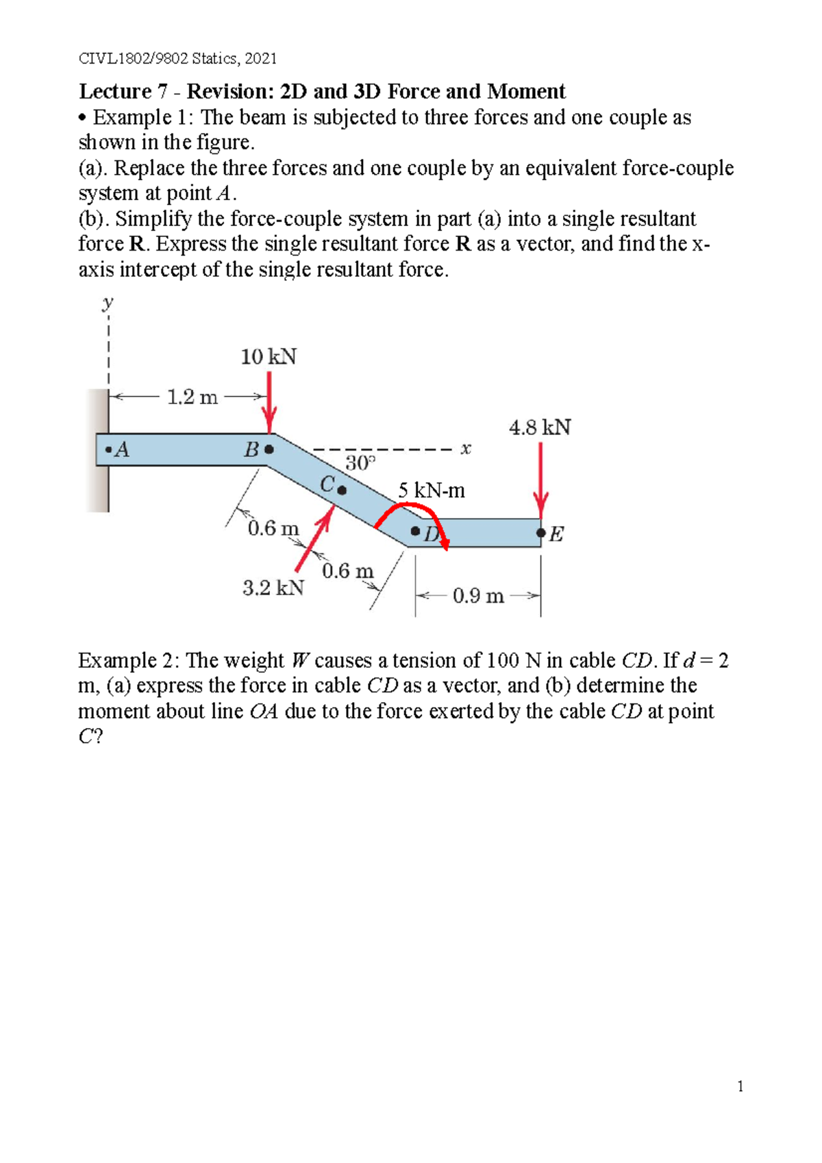 Lecture 7 2D and 3D Force and Moment Revision - To be used in lecture ...