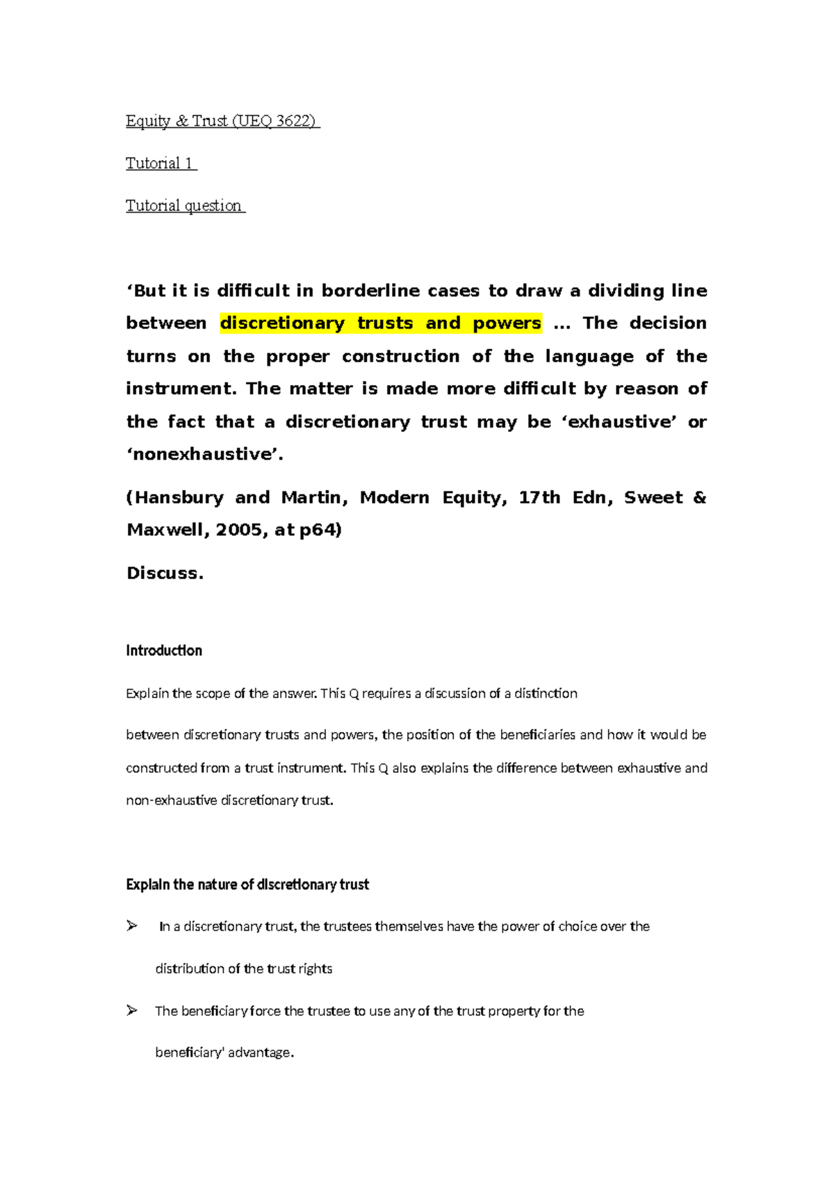 Tutorial 1 Updated - useful - Equity & Trust (UEQ 3622) Tutorial 1 ...