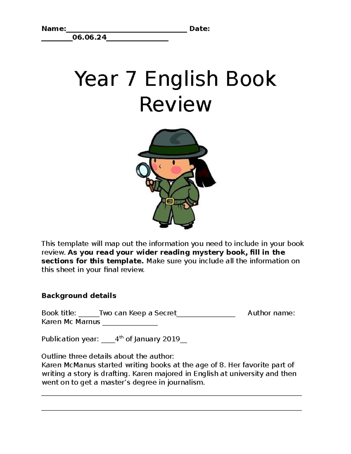 Year 7 English Book Review Template - Name ...
