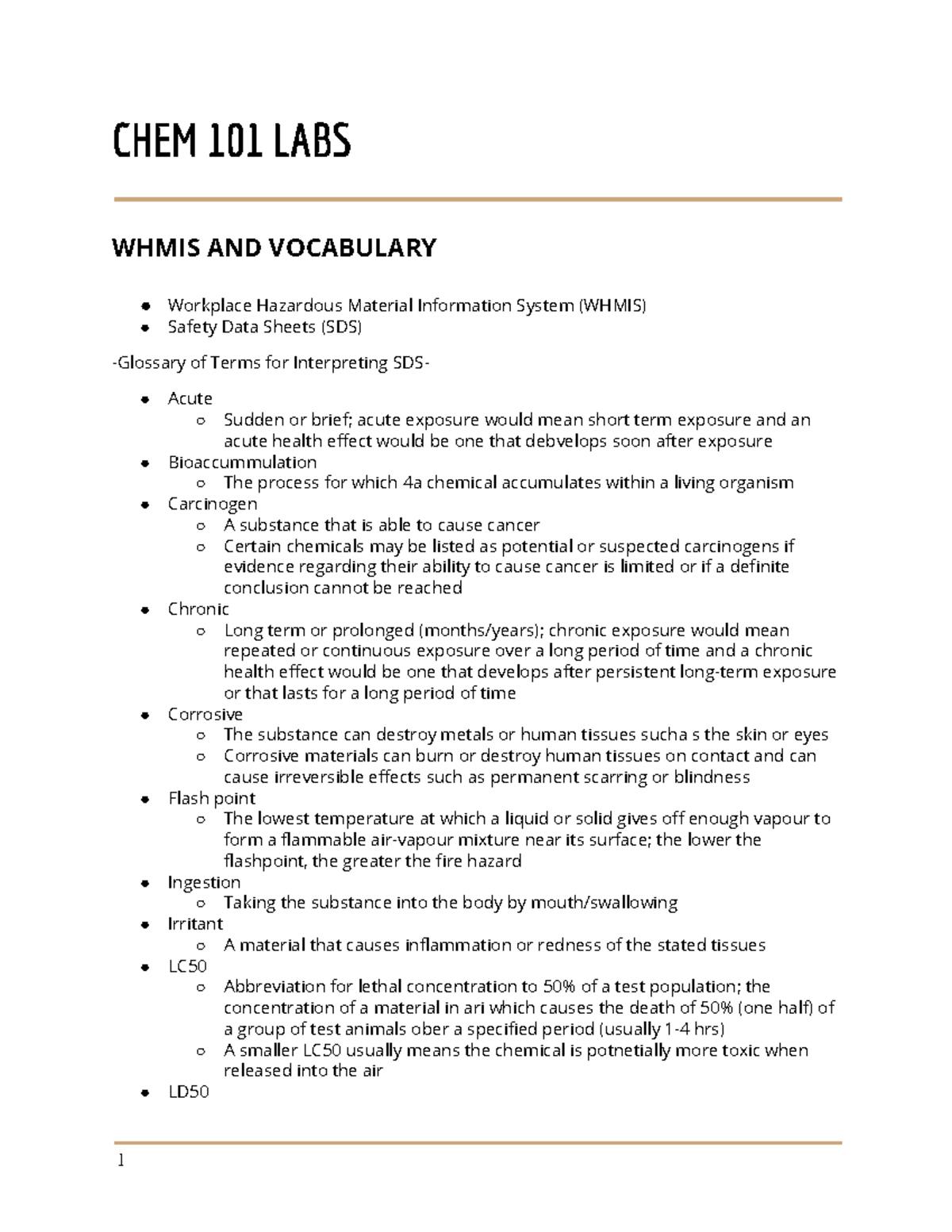 CHEM 101 Labs A-J Study Notes for Lab Exam - CHEM 101 LABS WHMIS AND ...