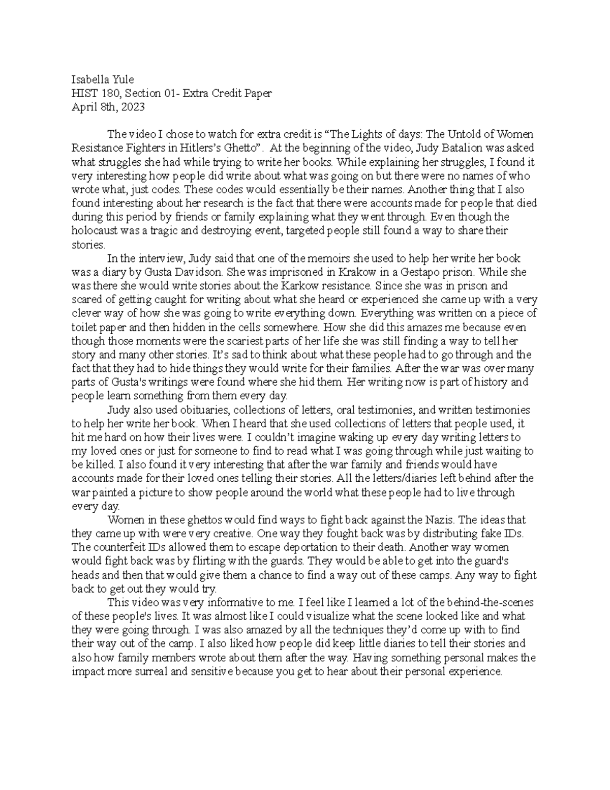 Holocaust extra credit paper - Isabella Yule HIST 180, Section 01 ...