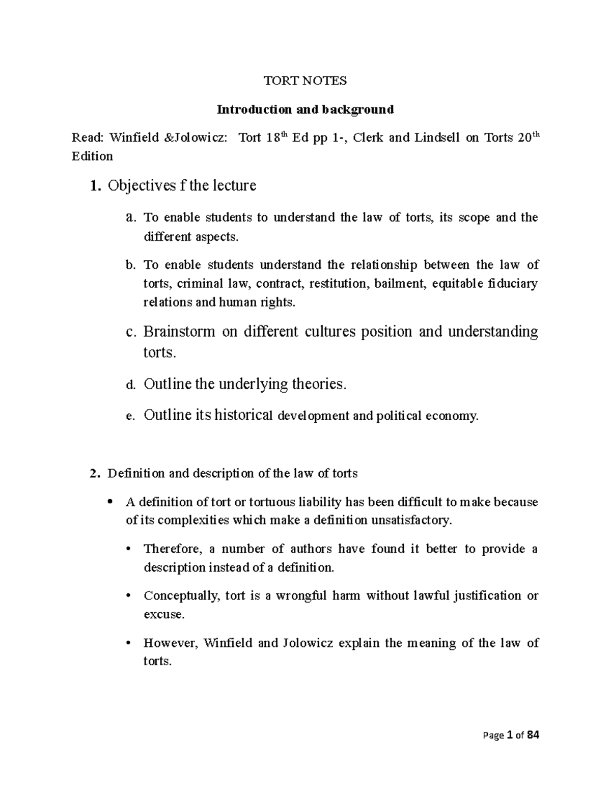 Tort notes New - A detailed summary of the Nature and history of the ...