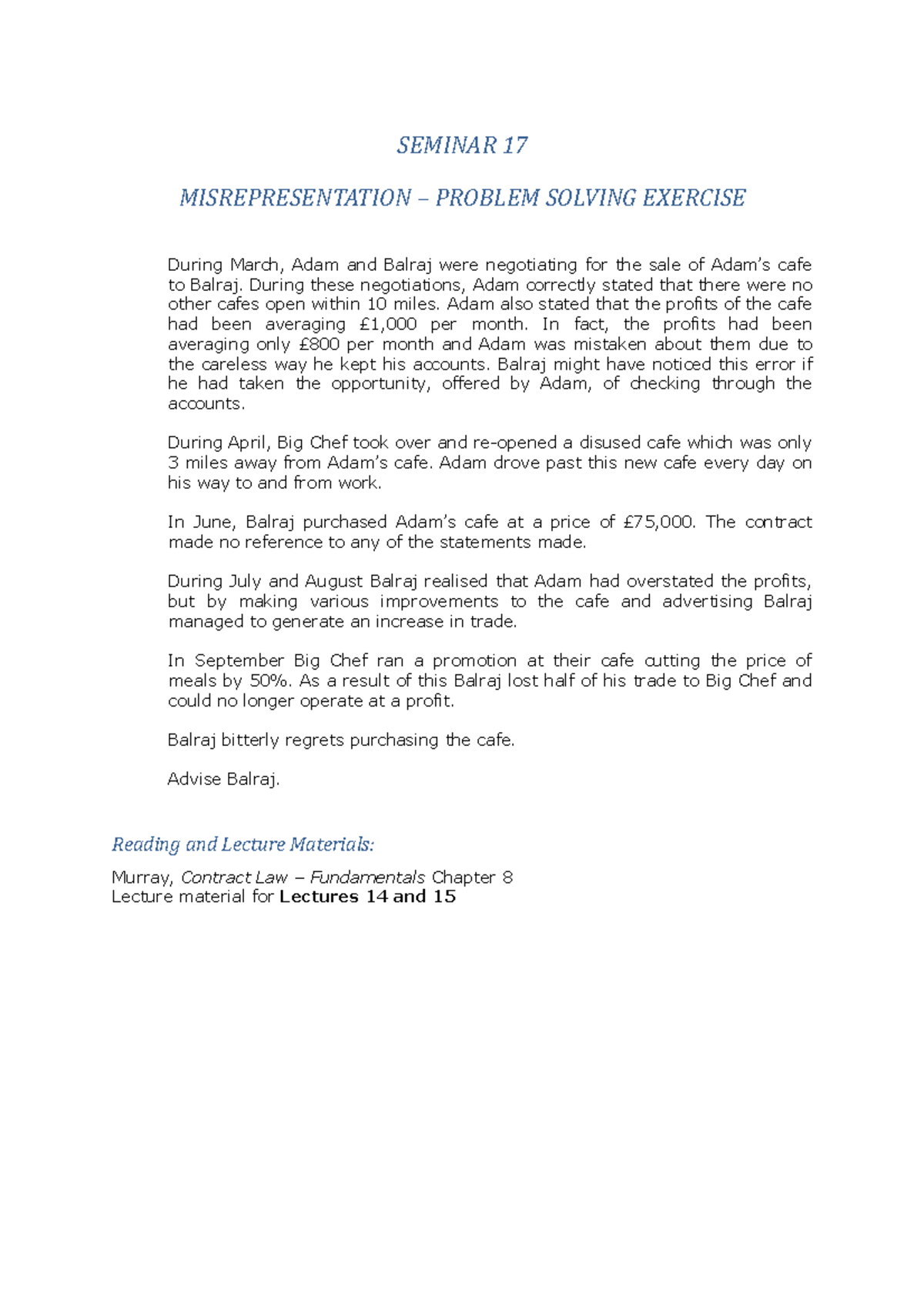 Seminar 17 - Misrepresention Problem Solving - SEMINAR 17 MISREPRESENTATION – PROBLEM SOLVING ...