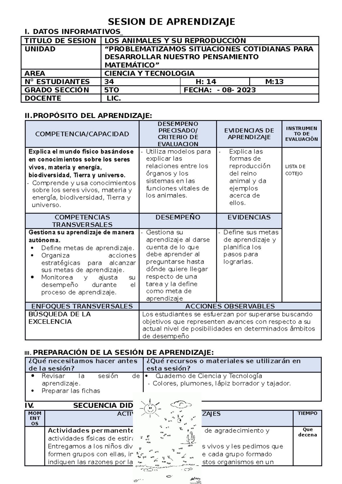 6. LOS Animales Y SU Reproducción - SESION DE APRENDIZAJE I. DATOS INFORMATIVOS TITULO DE SESION ...