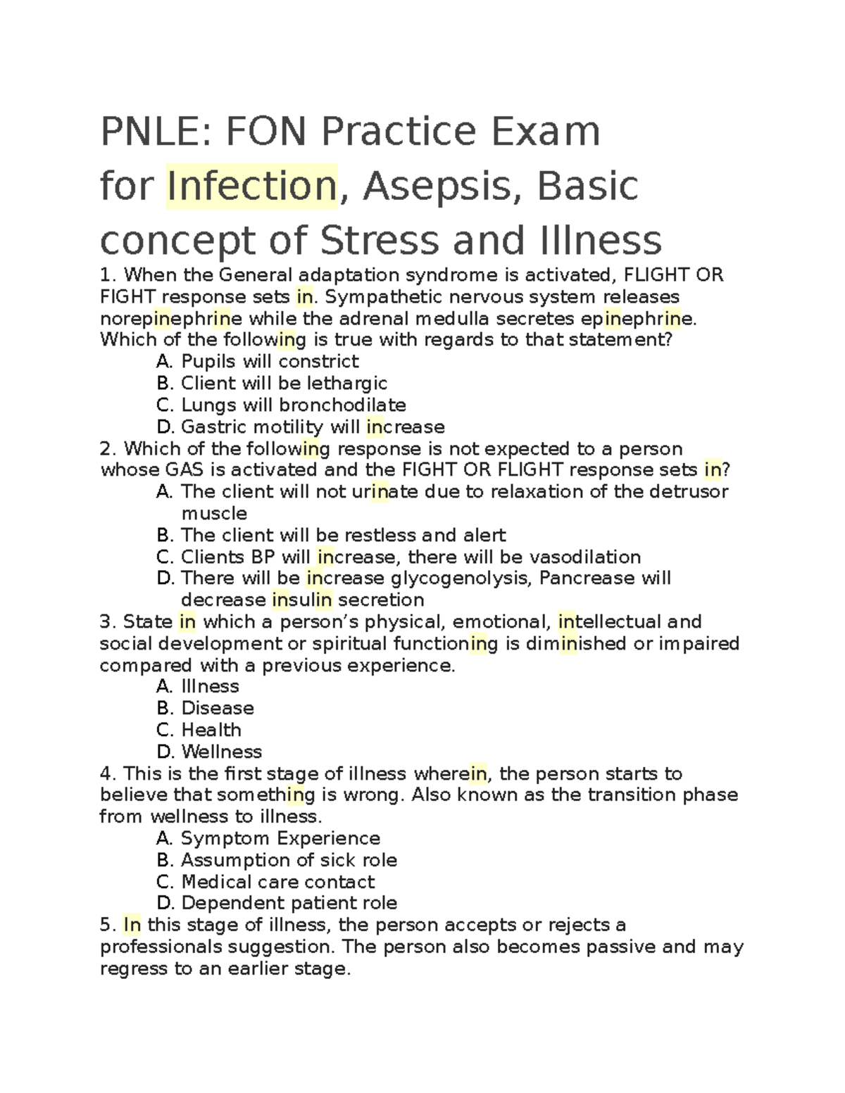 PNLE FON Practice Exam for Infection, Asepsis, Basic concept of Stress ...