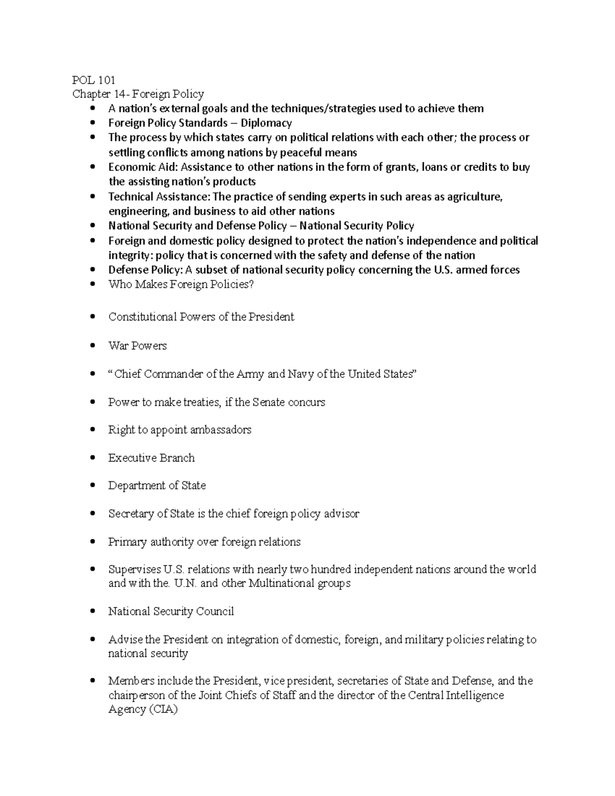 POL 101 Ch. 14 - Lecture notes 1 - POL 101 Chapter 14- Foreign Policy A ...
