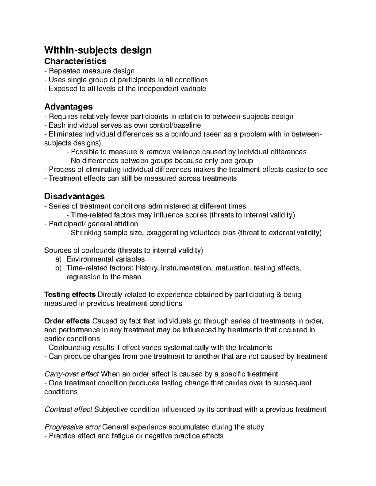 Chapter 9 Summary - Within-subjects design Characteristics Repeated ...