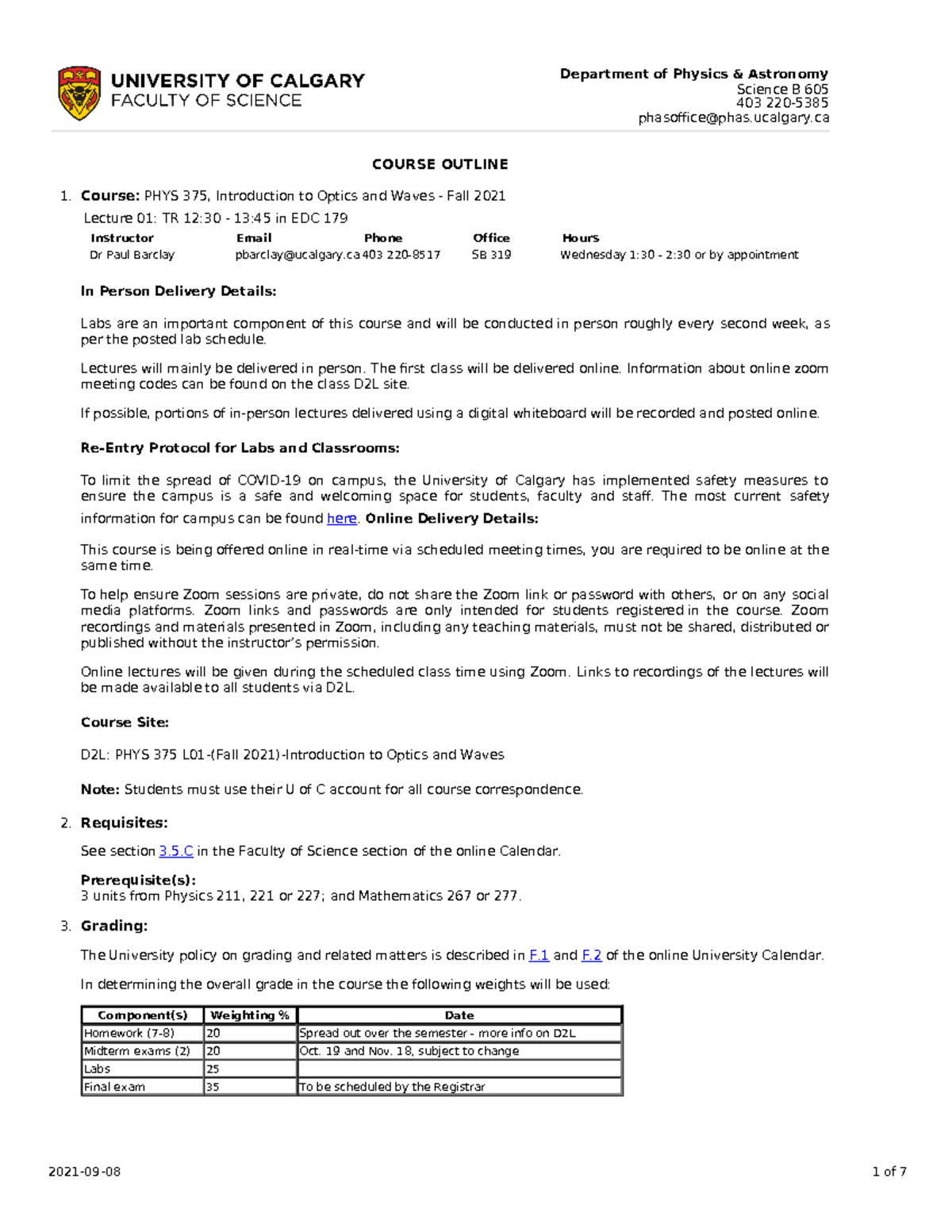 Course Outline - Fall 2021 - Department of Physics & Astronomy Science ...