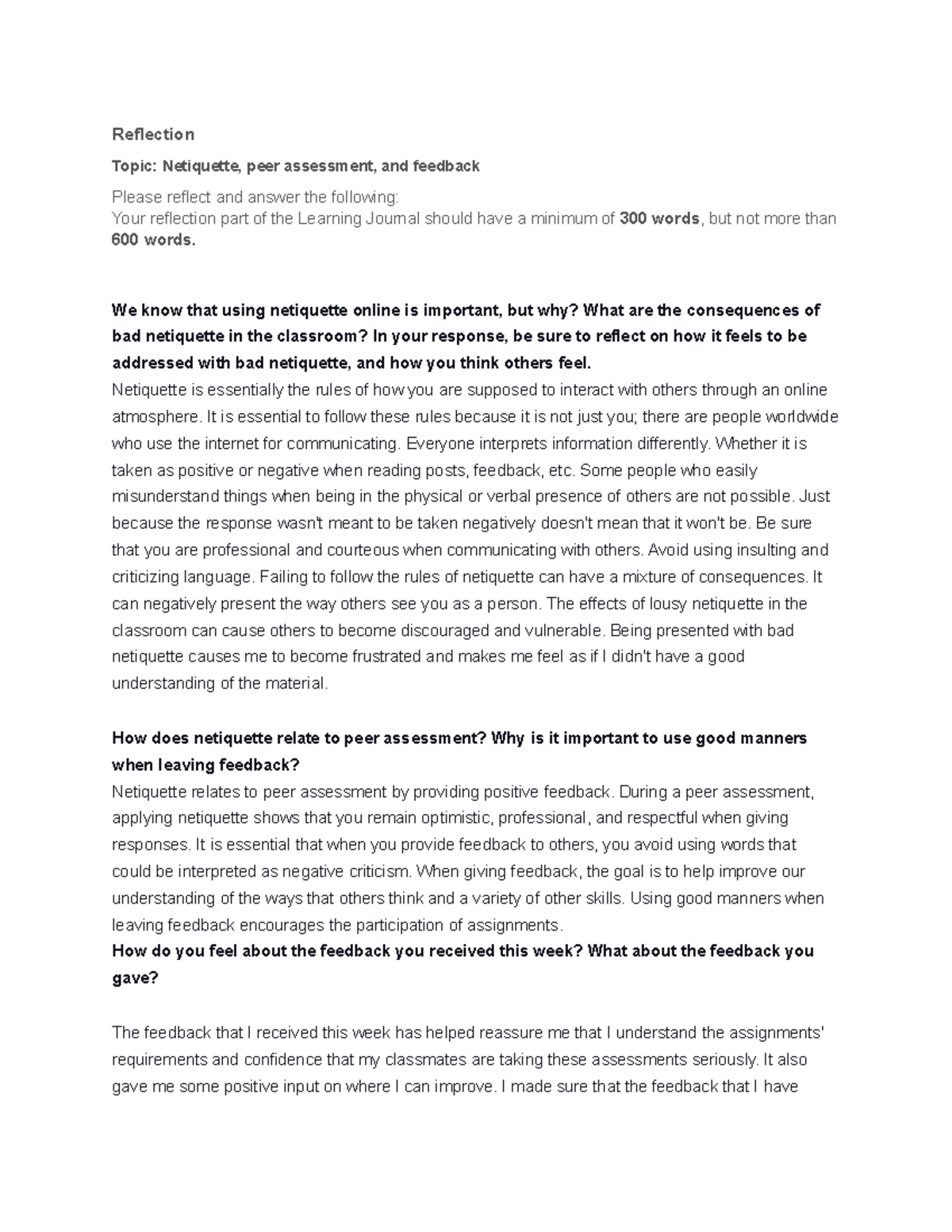 Learning Journal Unit 3 - Reflection Topic: Netiquette, peer assessment ...