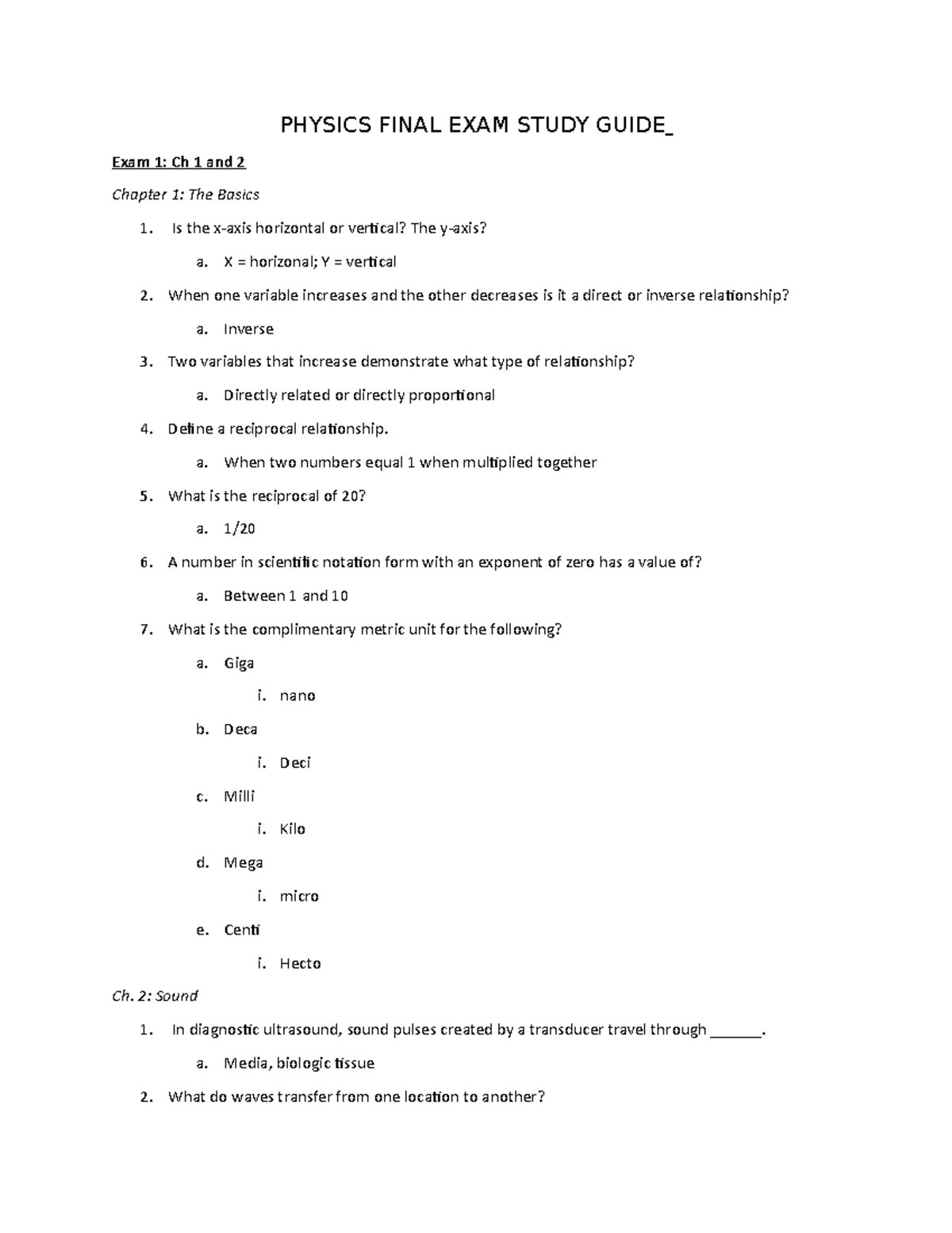 Physics Final Exam Study Guide PHYSICS FINAL EXAM STUDY GUIDE Exam 1
