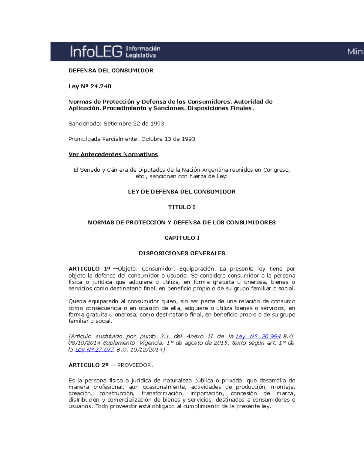 Ley 24.240 defensa del consumidor - DEFENSA DEL CONSUMIDOR Ley Nº 24 ...