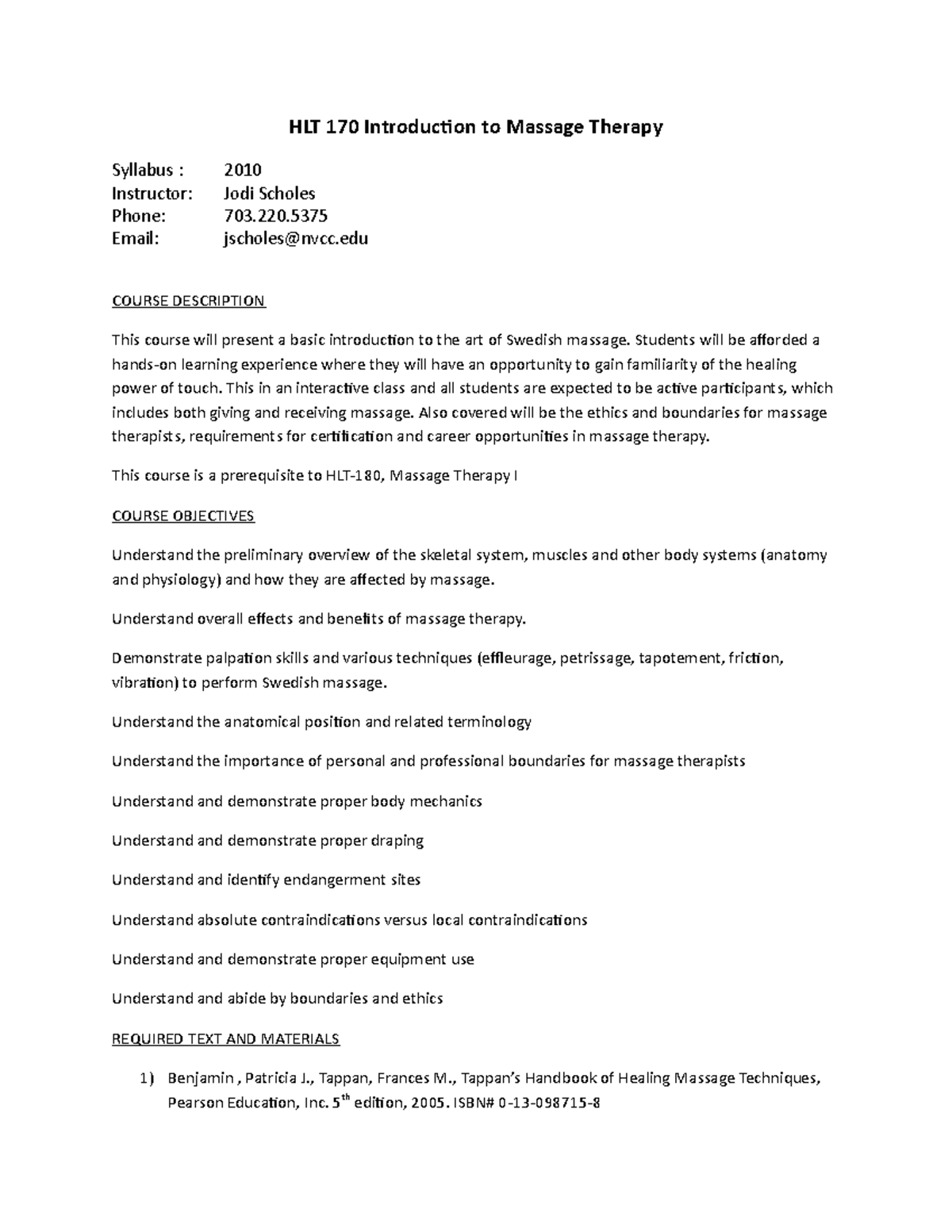 Syllabus for the course: Intro to Massage Therapy - HLT 170 ...