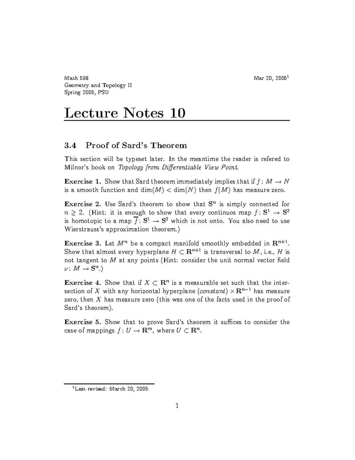 Lecture notes, lecture 10 - Proof of sard’s theorem - Mar 20, 20051 ...