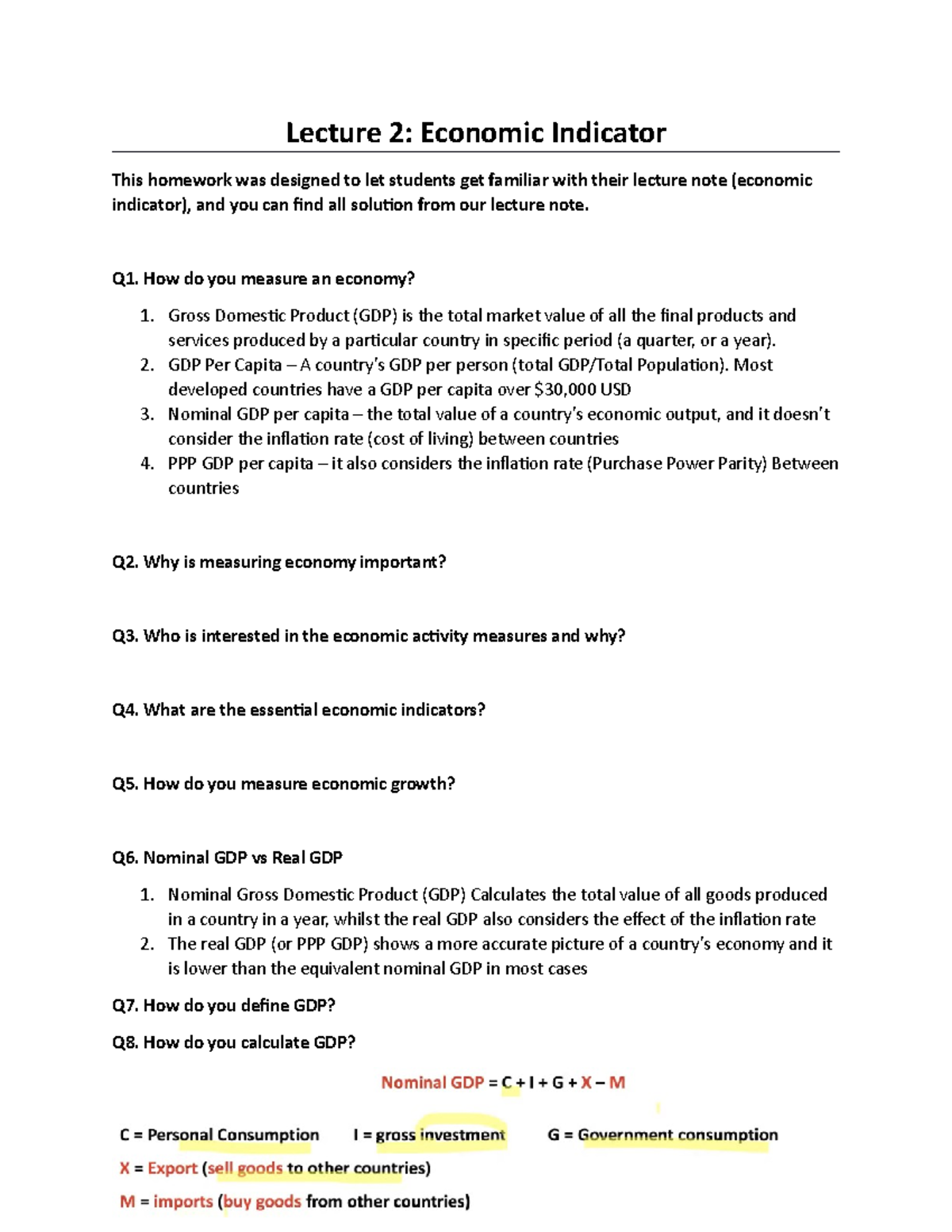 Tutorial 3 Notes - lecture 2 economic indicator - Lecture 2: Economic ...