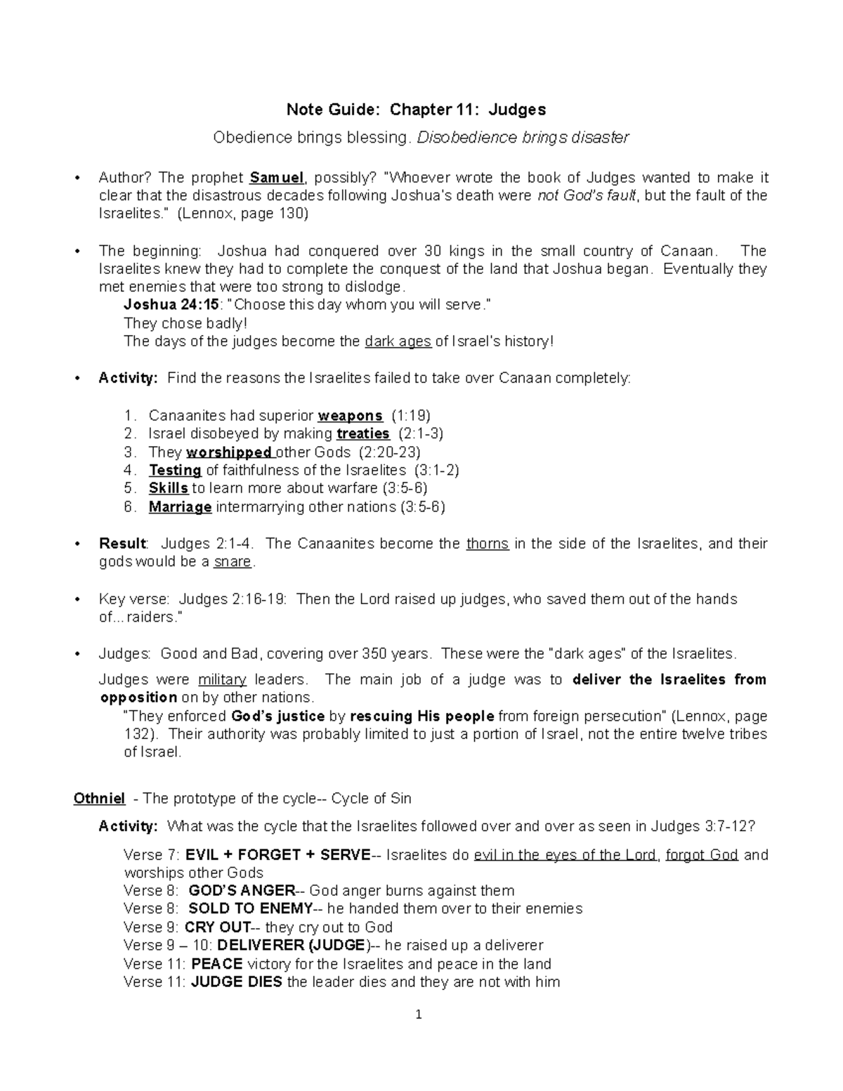 Judges - Lecture notes 12 - Note Guide: Chapter 11: Judges Obedience ...
