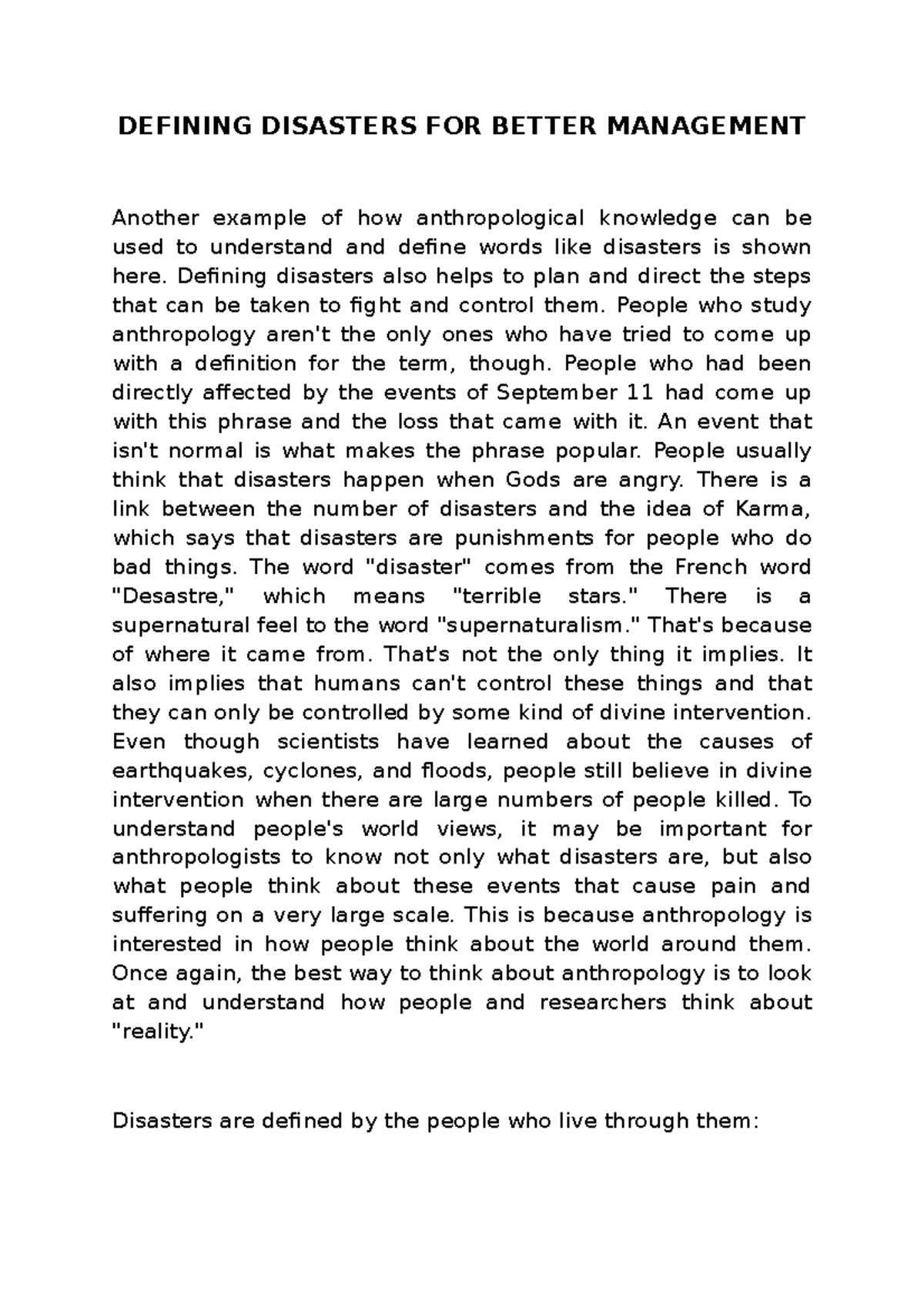 Defining Disasters FOR Better Management - DEFINING DISASTERS FOR ...