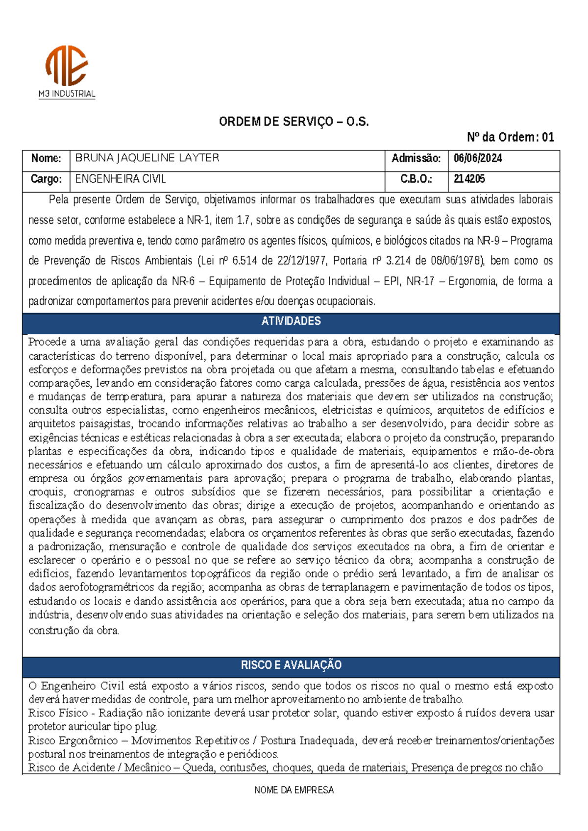 Modelo-de-Ordem-de-Servico-NR-01 - ORDEM DE SERVIÇO – O. Nº da Ordem ...