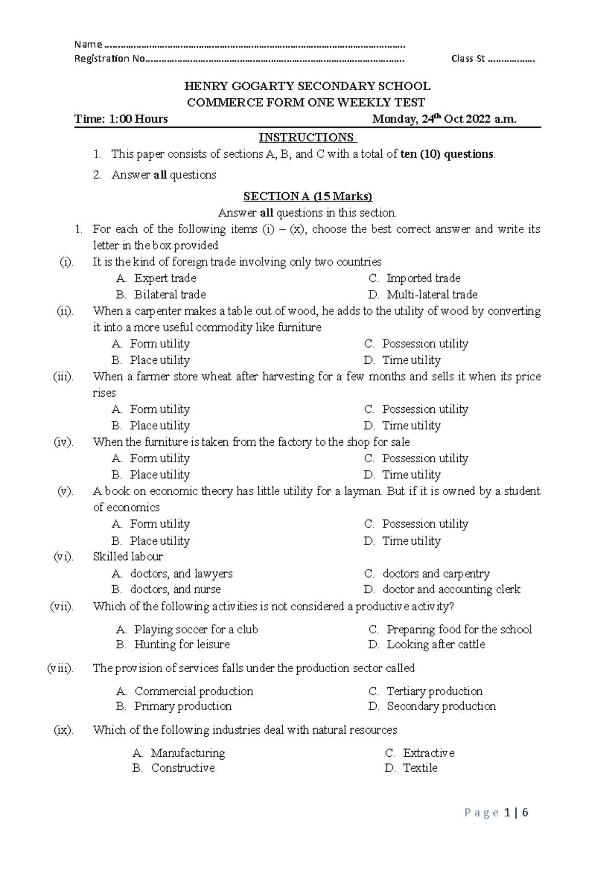 Commerce weekly test - Registration - Studocu
