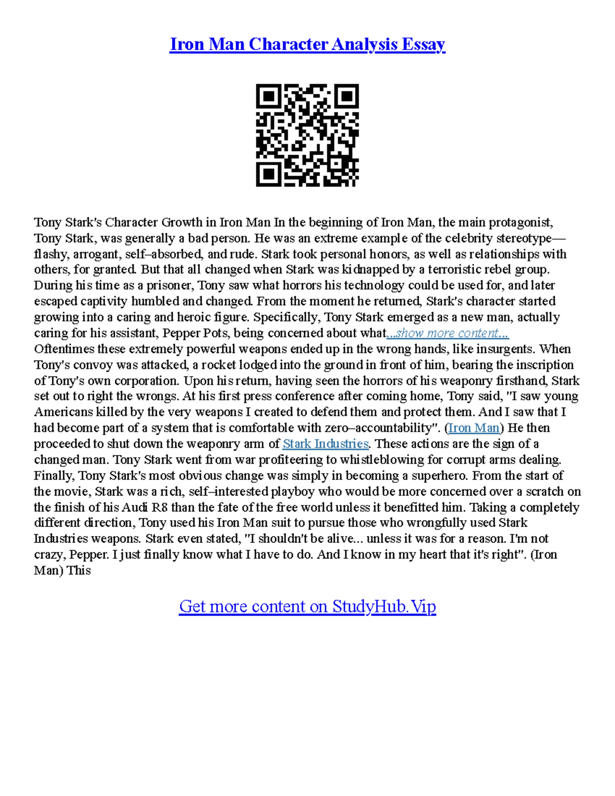 Character Sketch Example Essays - Iron Man Character Analysis Essay ...