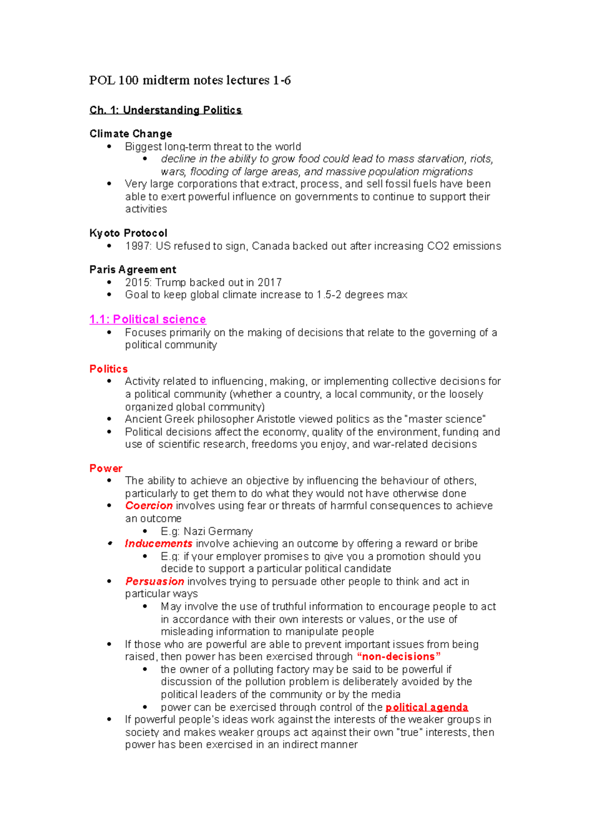 POL 100 midterm notes lectures 1 - POL 100 midterm notes lectures 1- Ch ...