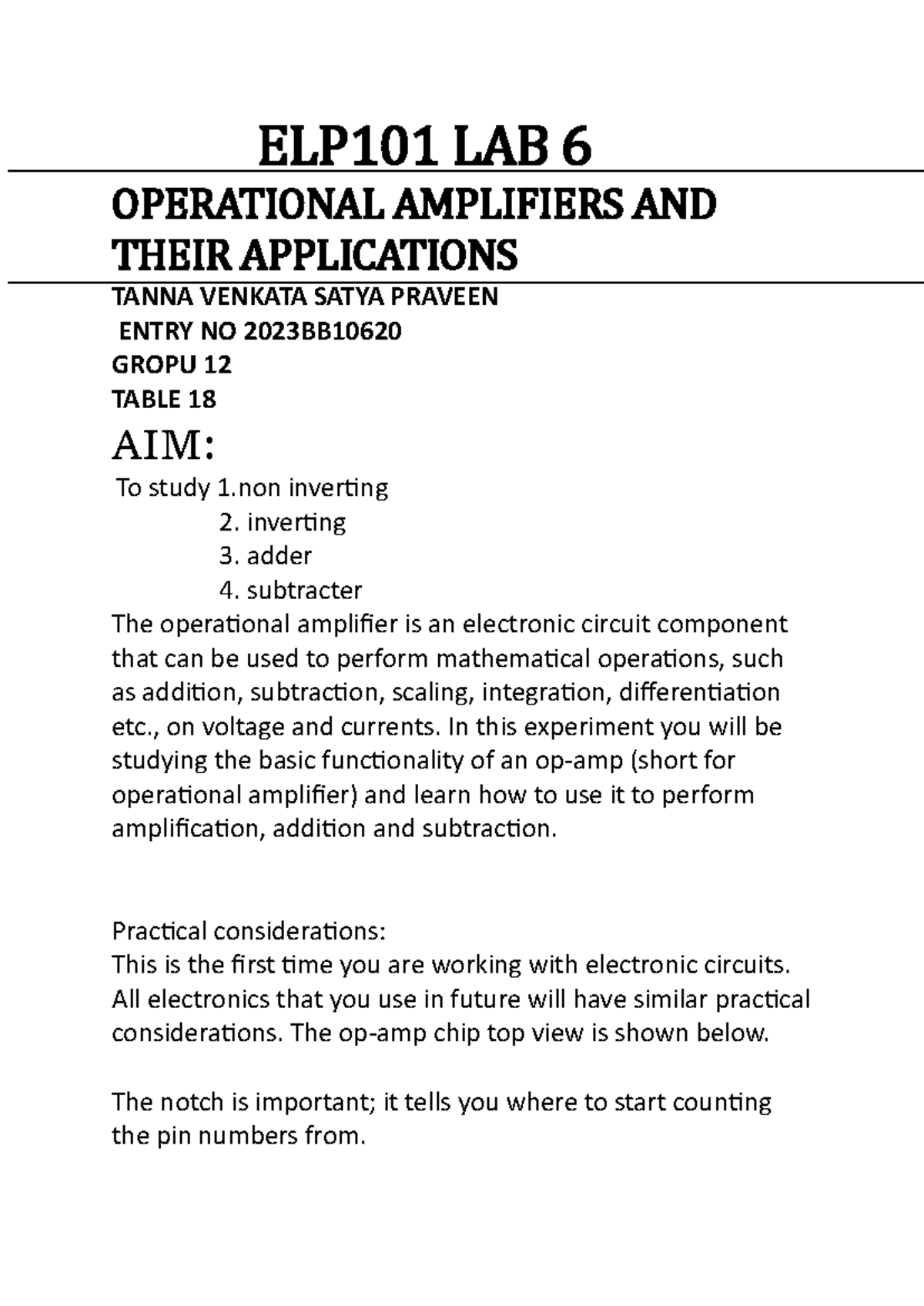 ELP101 LAB 6 - Lab 6 - ELP101 LAB 6 OPERATIONAL AMPLIFIERS AND THEIR ...