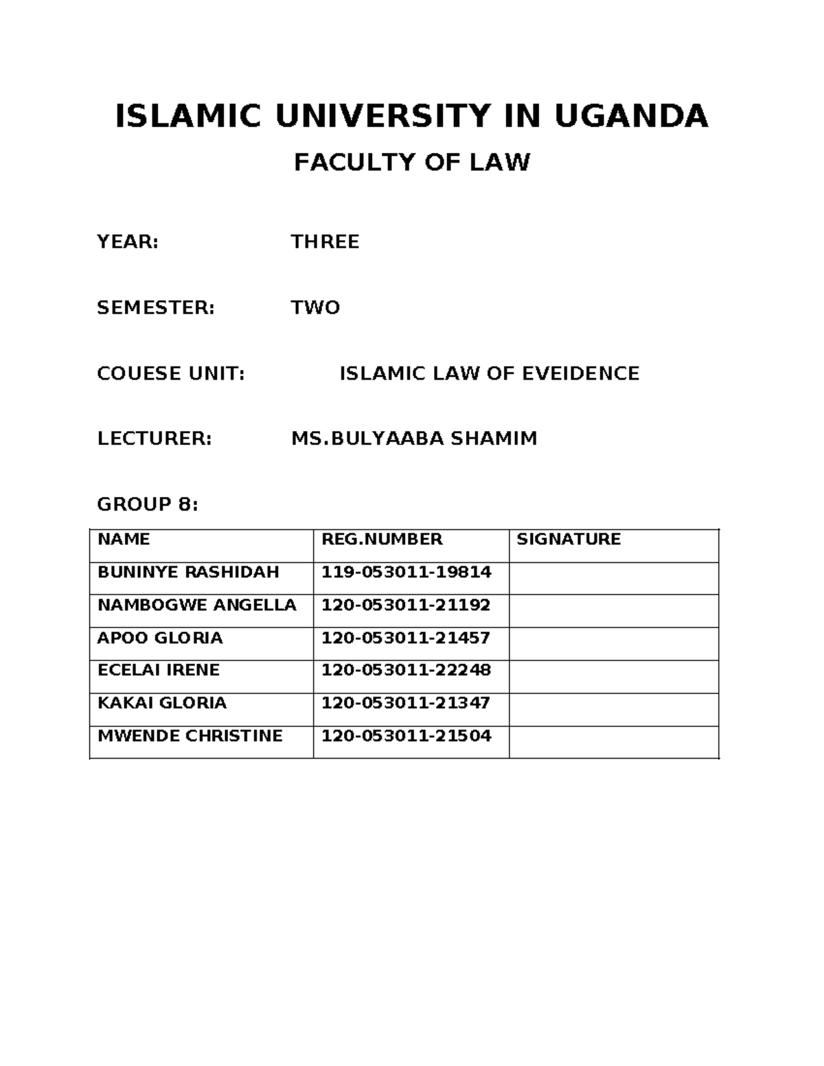 Group eight Islamic law-1 - ISLAMIC UNIVERSITY IN UGANDA FACULTY OF LAW ...
