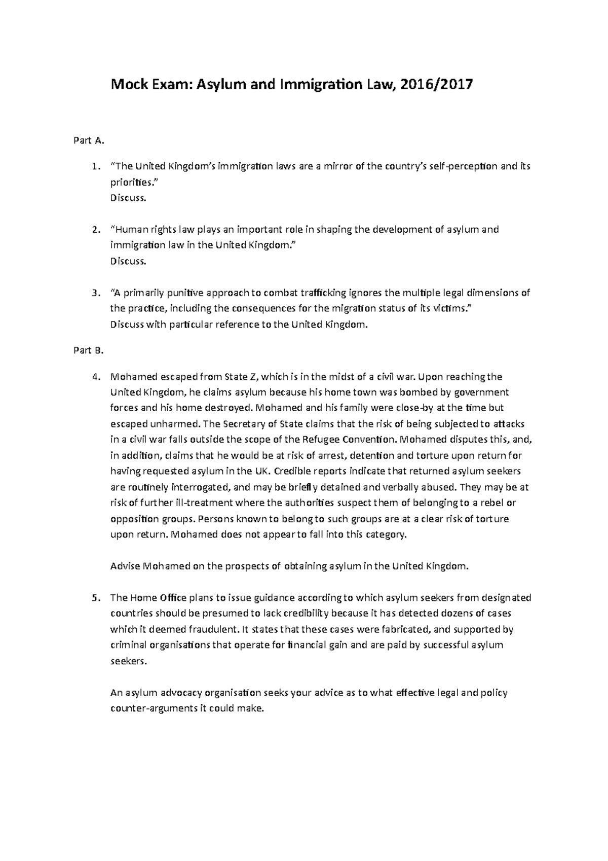 Mock Exam Questions for Asylum with outline answers - Mock Exam: Asylum ...