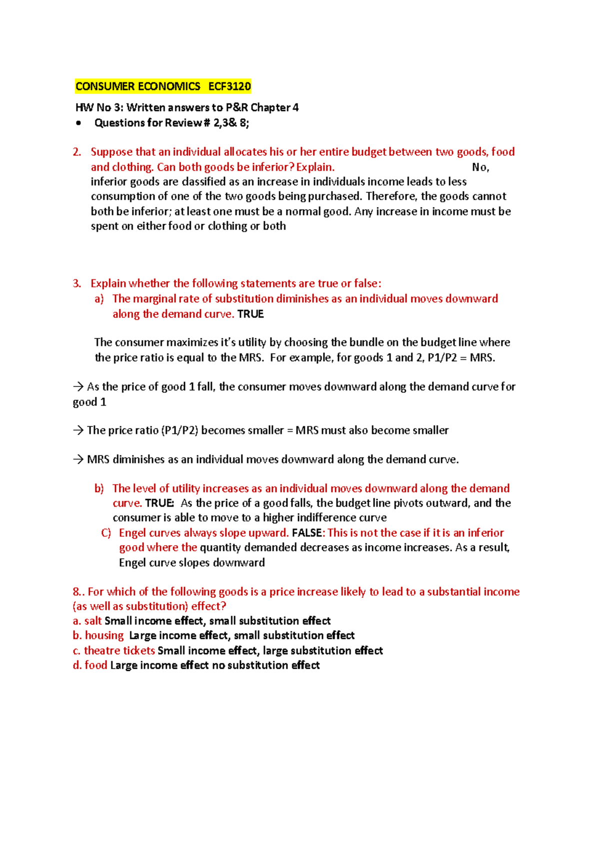 Consumer Economics Week 3 - CONSUMER ECONOMICS ECF HW No 3: Written ...