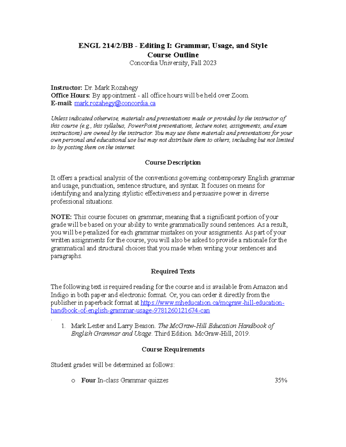 ENGL 214 2 Course Outline - ENGL 214/2/BB - Editing I: Grammar, Usage ...