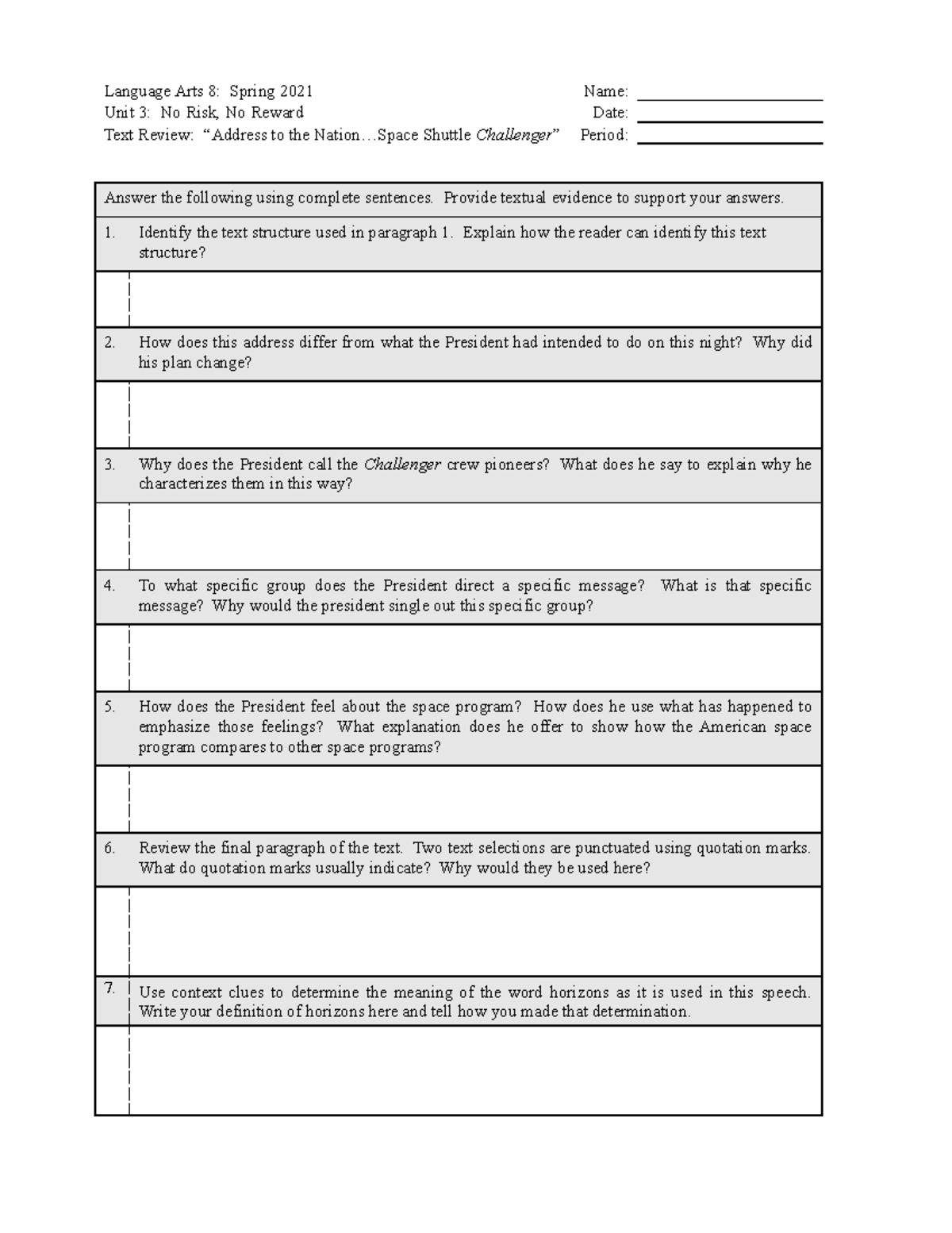 2022-01-25 Space Shuttle Challenger Text Review - Language Arts 8 ...