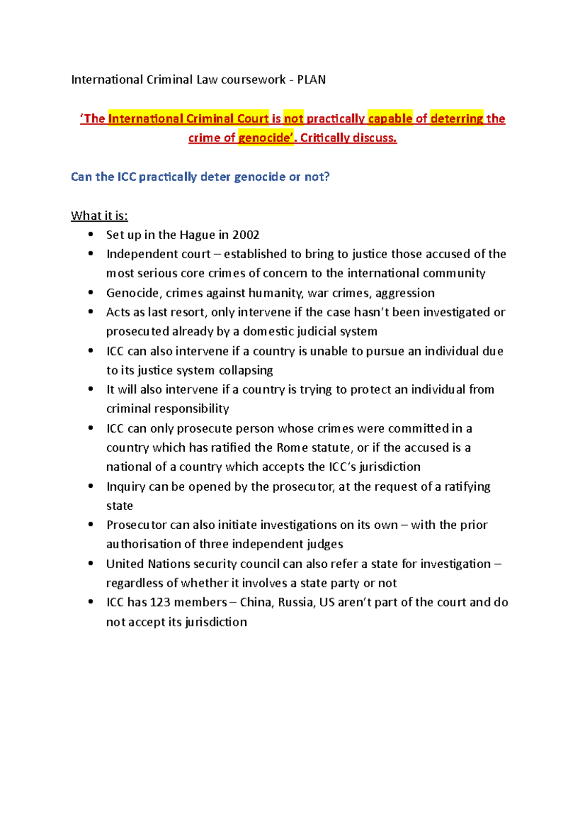 ICL CW PLAN - Internaional Criminal Law coursework - PLAN ‘The ...