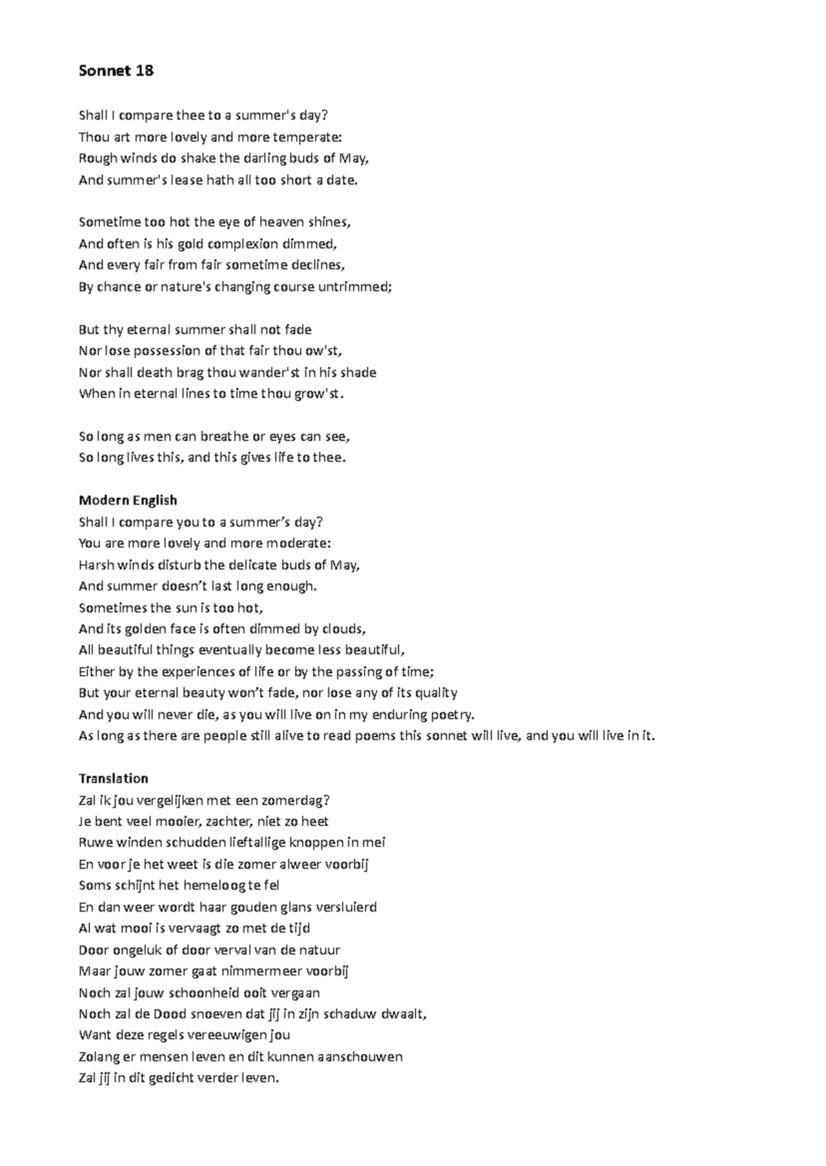 Sonnet 18 - Sonnet 18 Shall I compare thee to a summer's day? Thou art ...