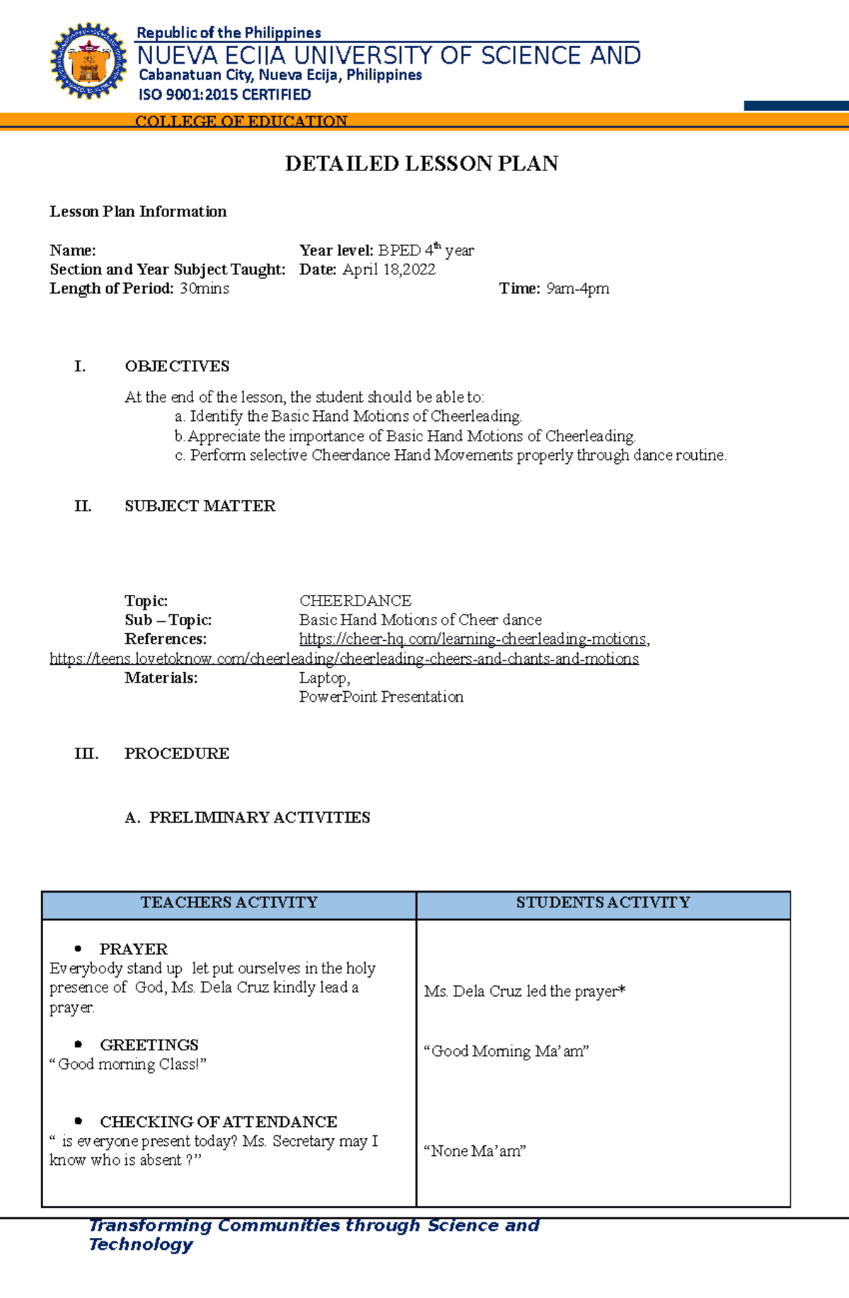 DLP-BHMC lesson plan draft - DETAILED LESSON PLAN Lesson Plan ...