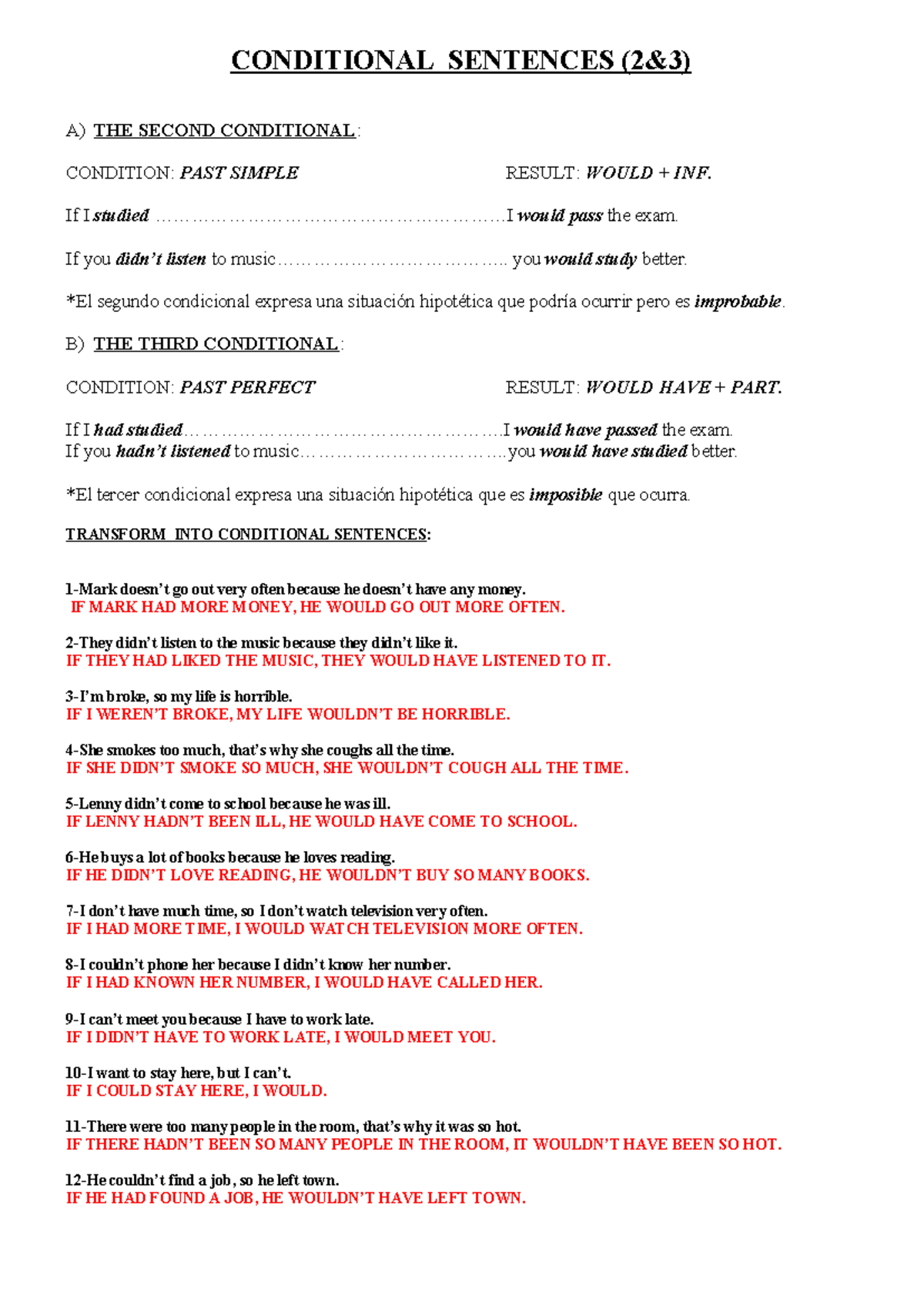 1º BACH - Conditionals (Types 2 3) - Answers - CONDITIONAL SENTENCES (2 ...