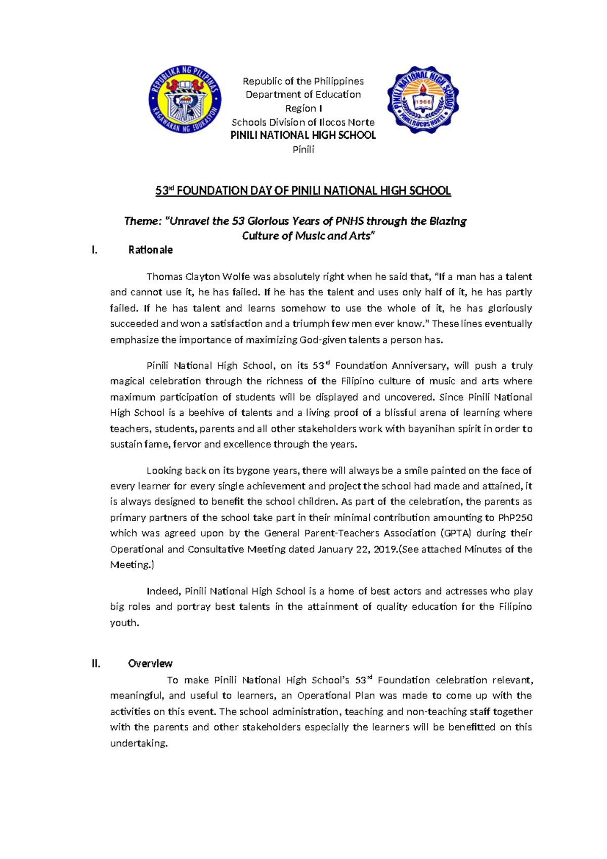 Project Proposal (Foundation Day) s Ample f ILE - Republic of the ...