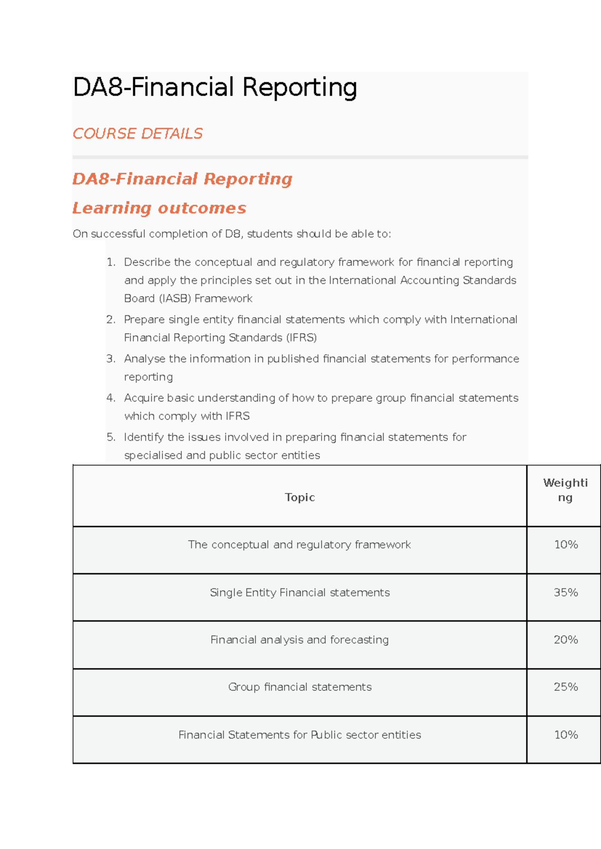 Financial Reporting - DA8-Financial Reporting COURSE DETAILS DA8 ...
