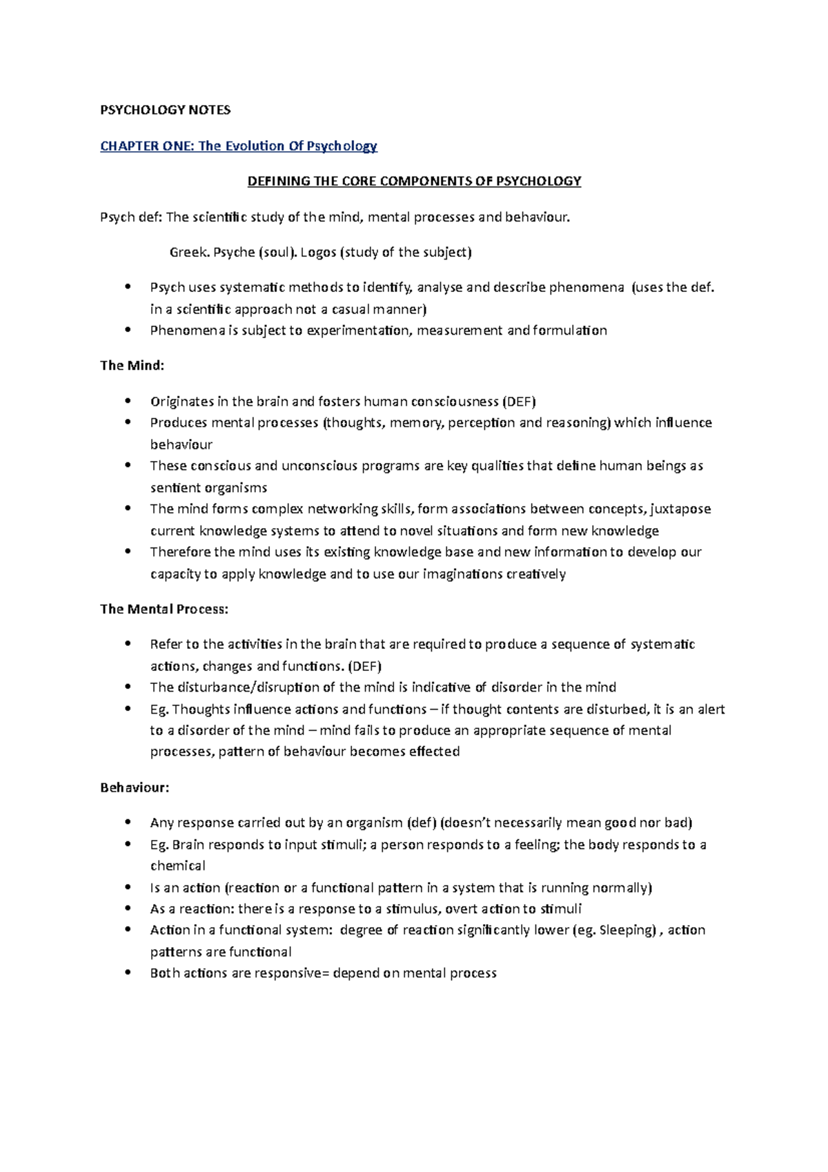Psychology notes - PSYCHOLOGY NOTES CHAPTER ONE: The Evolution Of ...