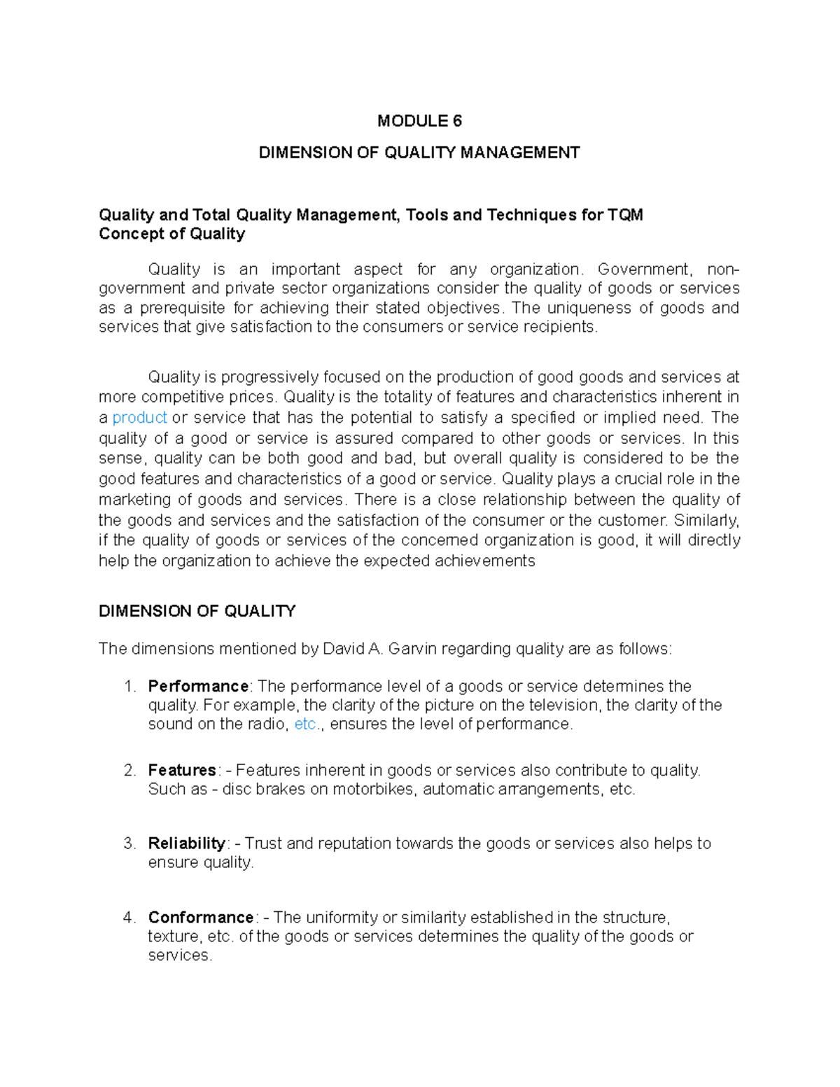 Module 6 - Dimension OF Quality Management - MODULE 6 DIMENSION OF ...