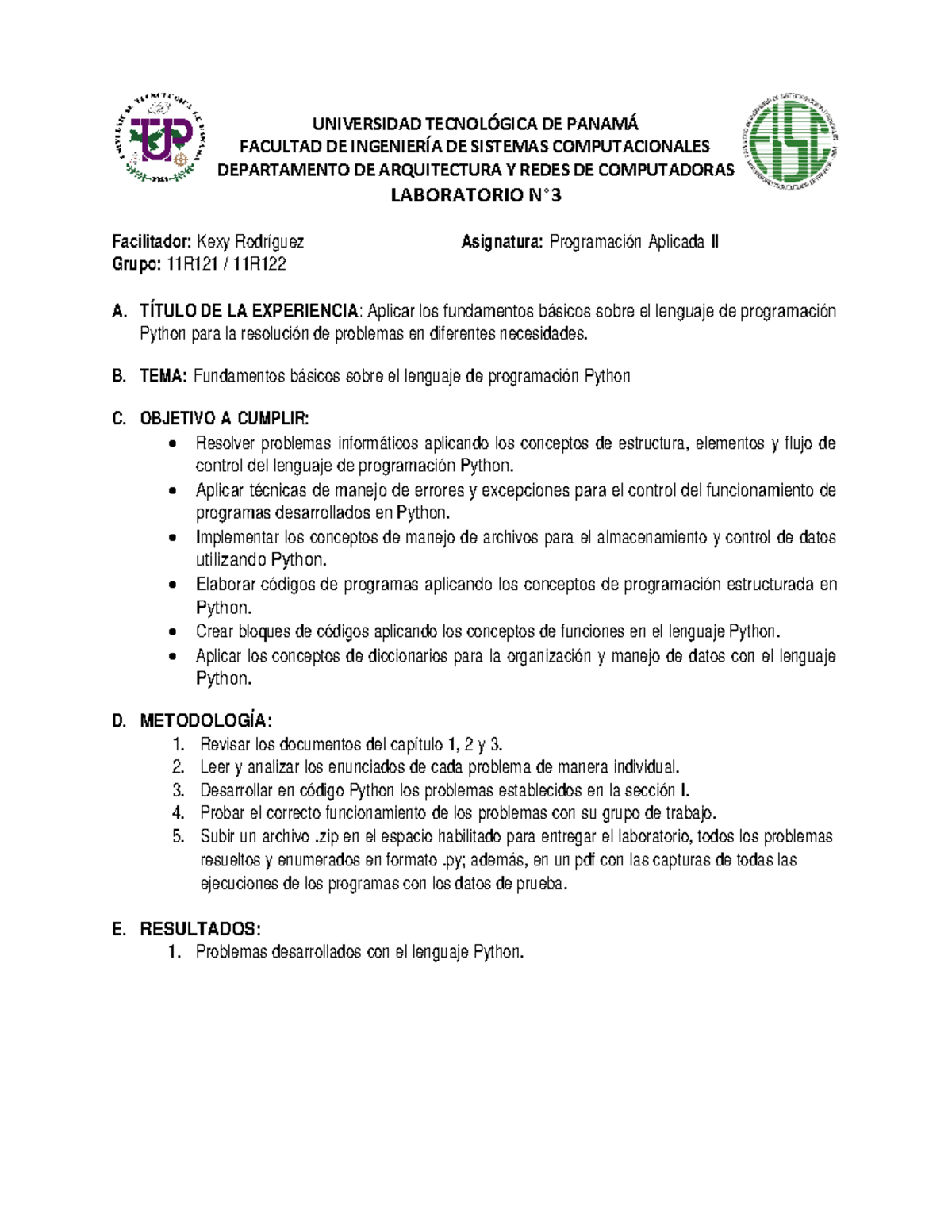 Laboratorio N°3 - Tomas Cedeño - UNIVERSIDAD TECNOL”GICA DE PANAM¡ FACULTAD DE INGENIERÕA DE ...