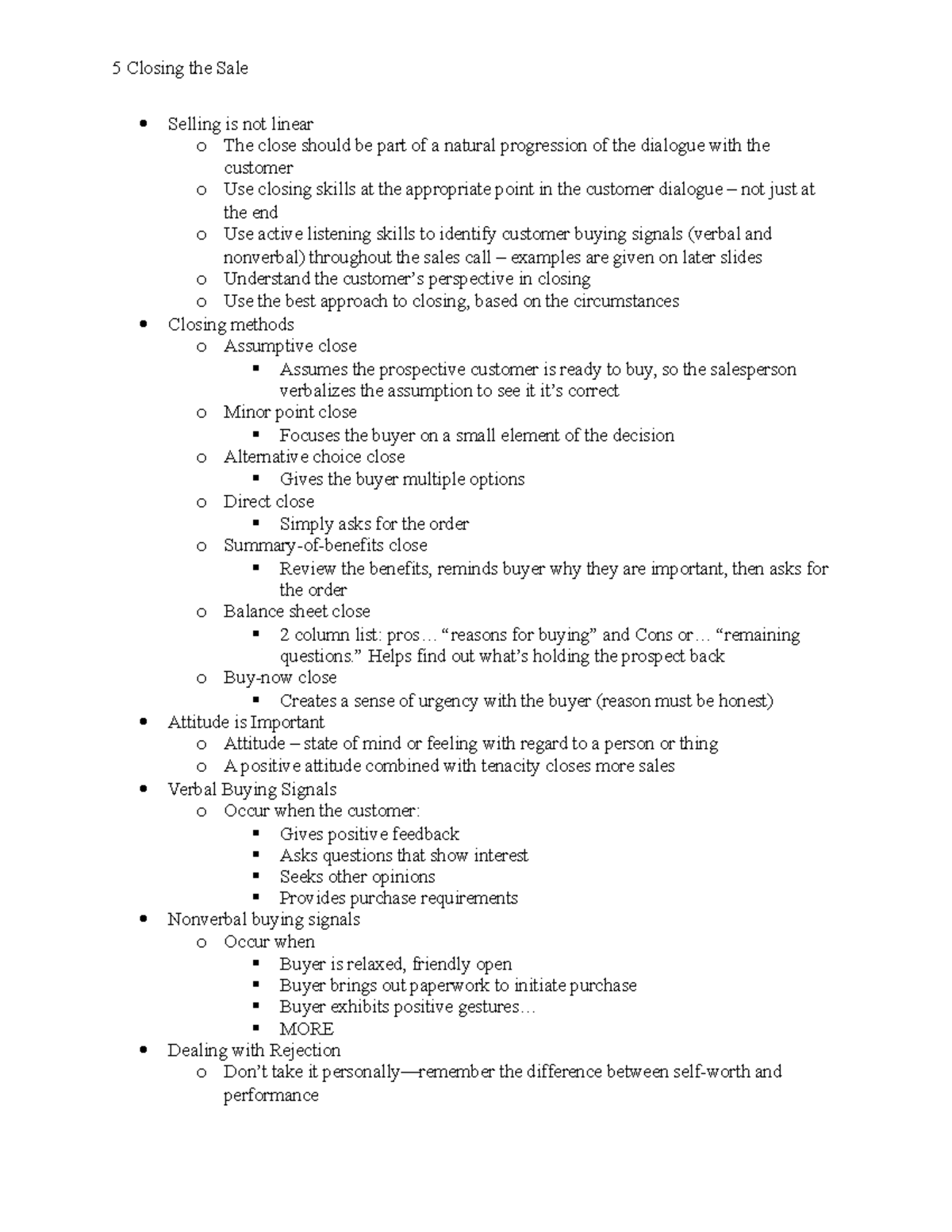 5 Closing the Sale - Lecture notes 2 - 5 Closing the Sale Selling is ...