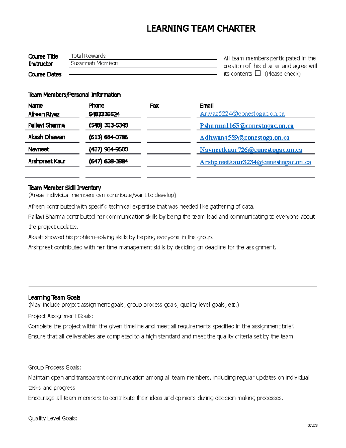 Team Learning Charter (Group Project) - LEARNING TEAM CHARTER Course ...