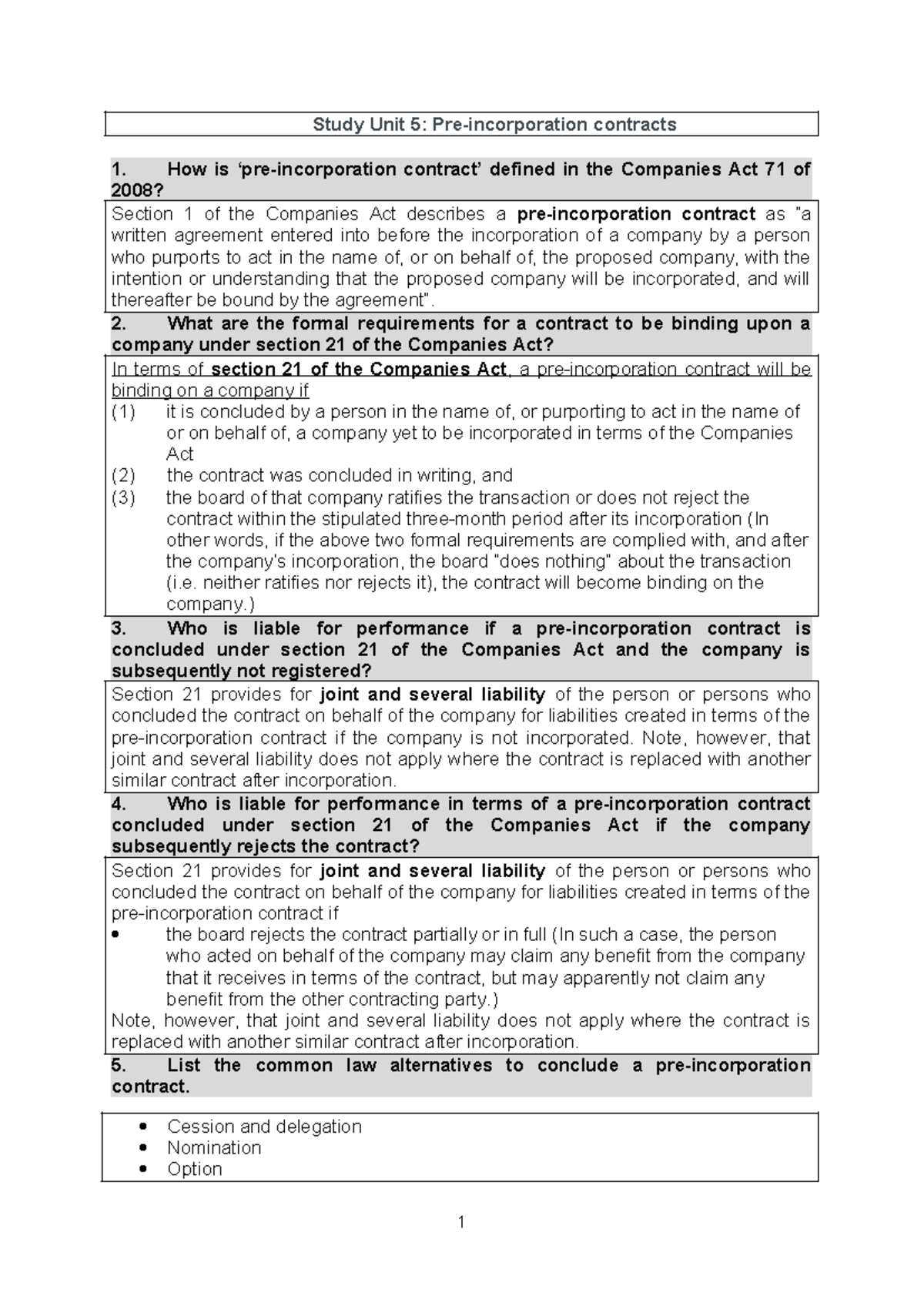 Study Unit 5 answers - Study Unit 5: Pre-incorporation contracts How is ...