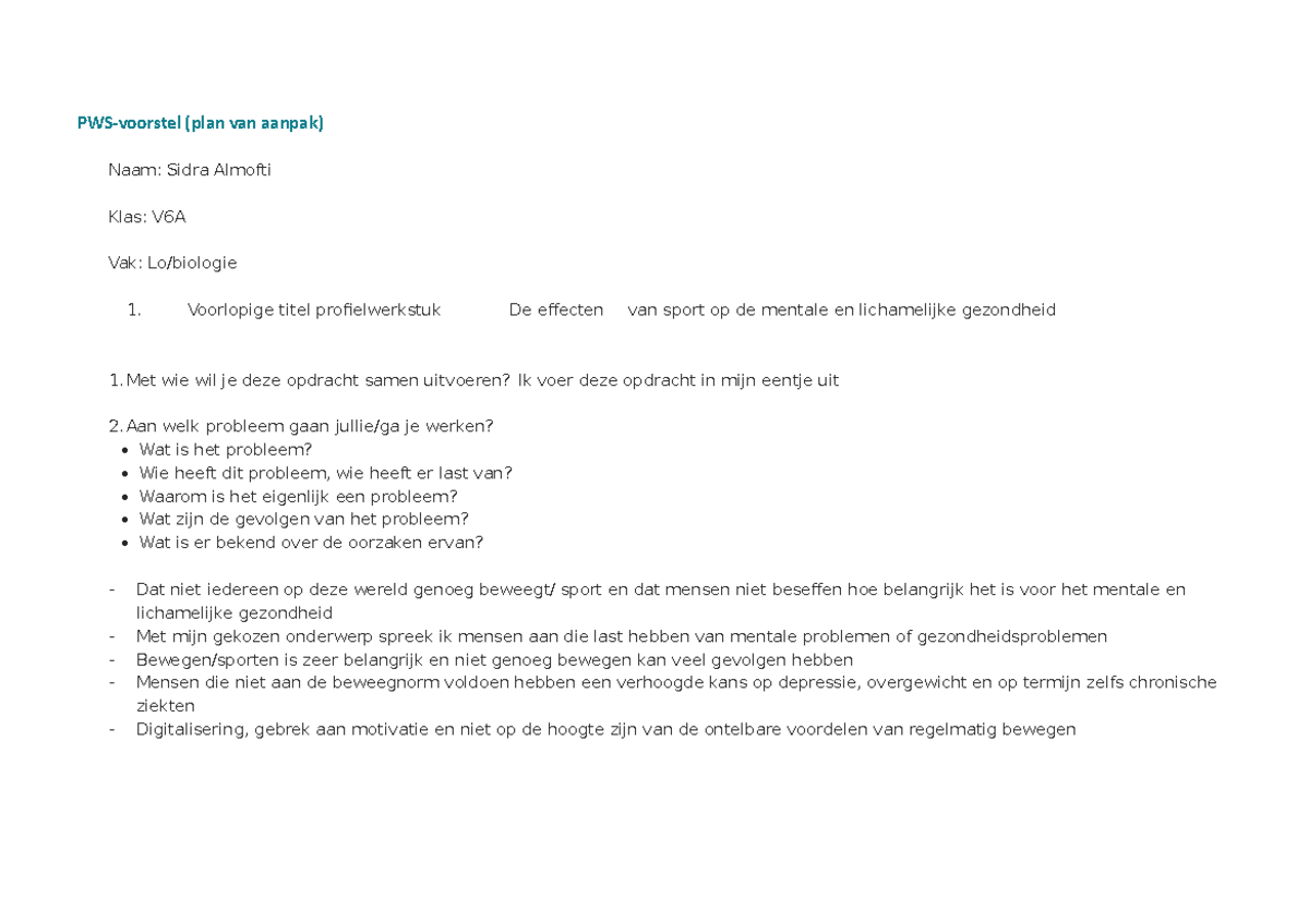 (pws) plan van aanpak - PWS-voorstel (plan van aanpak) Naam: Sidra ...