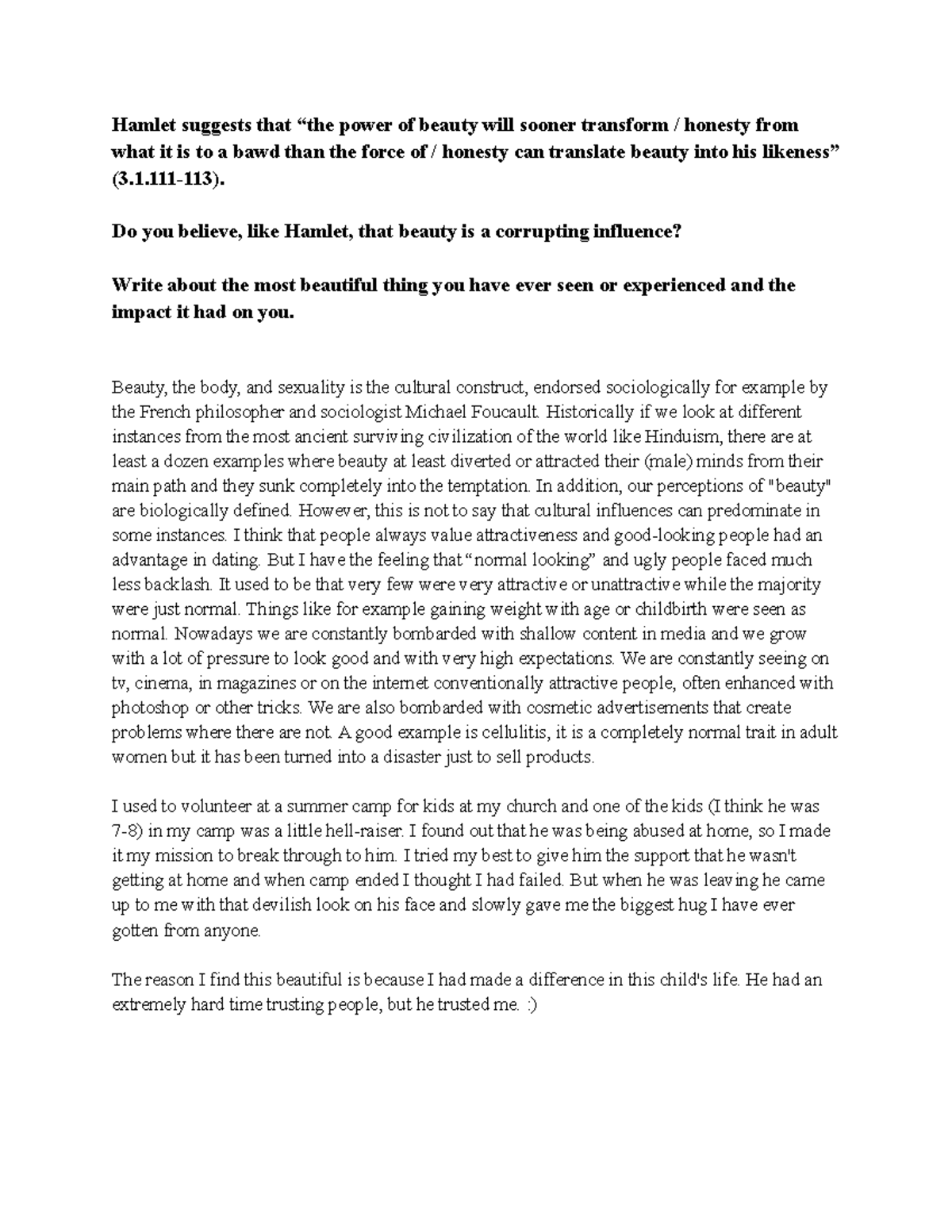 Kevin C. - Hamlet Act 3 Personal Response - Hamlet suggests that “the ...