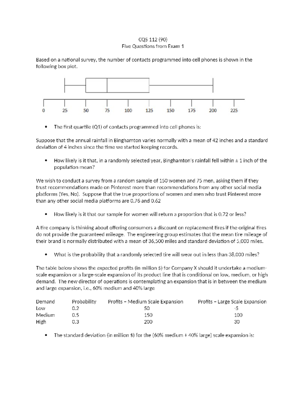 Exam 1 - Five Questions - Spring 2023 Statistics For Management (CQS ...
