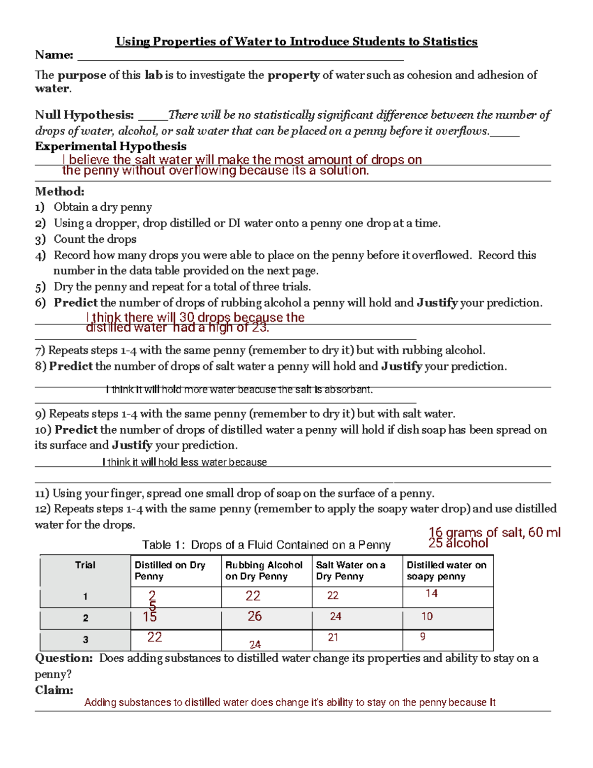 Layla Allen - penny lab properties of water to introduce statistics ...