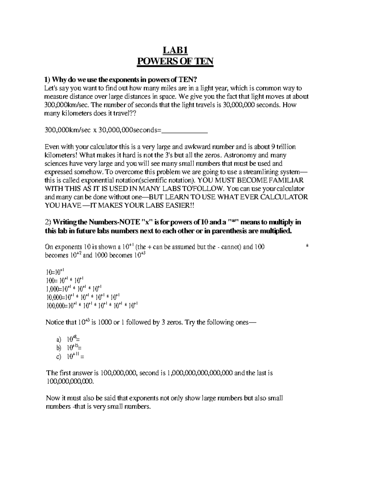LAB1 Powers OF TEN-2 - LAB POWERS OF TEN 1) Why do we use the exponents ...
