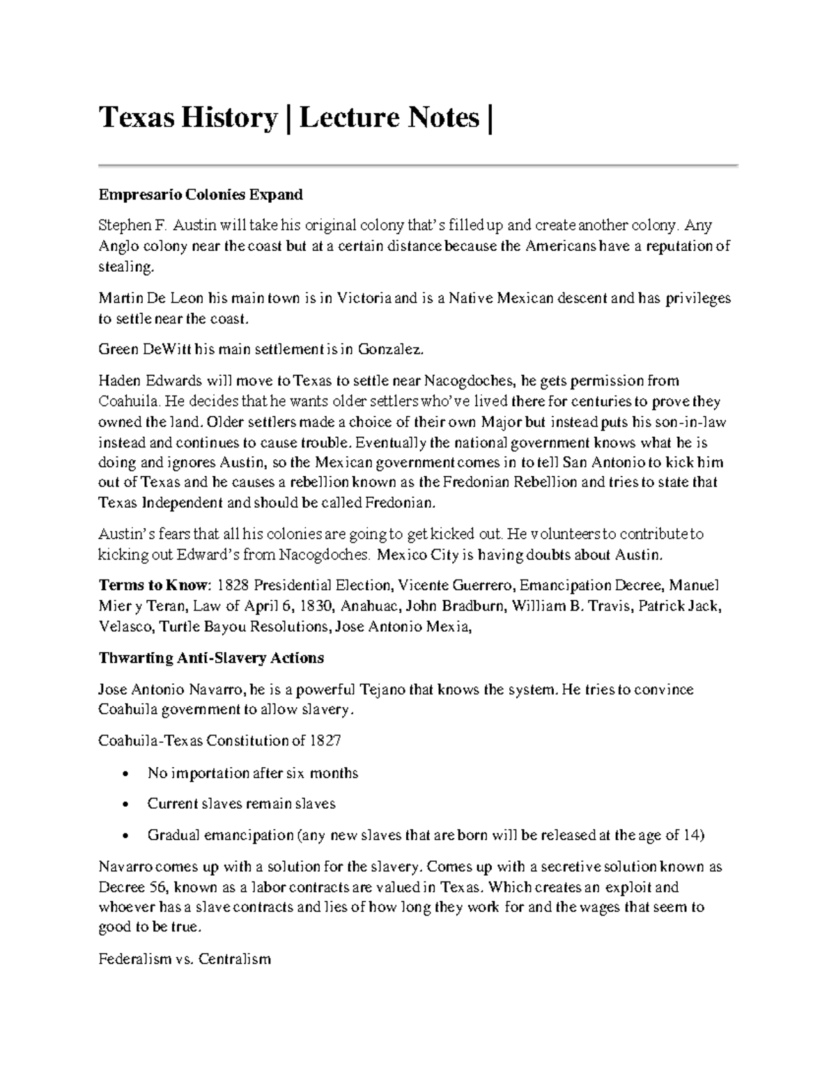 HIST-2301 Notes 4 - Texas History | Lecture Notes | Empresario Colonies ...