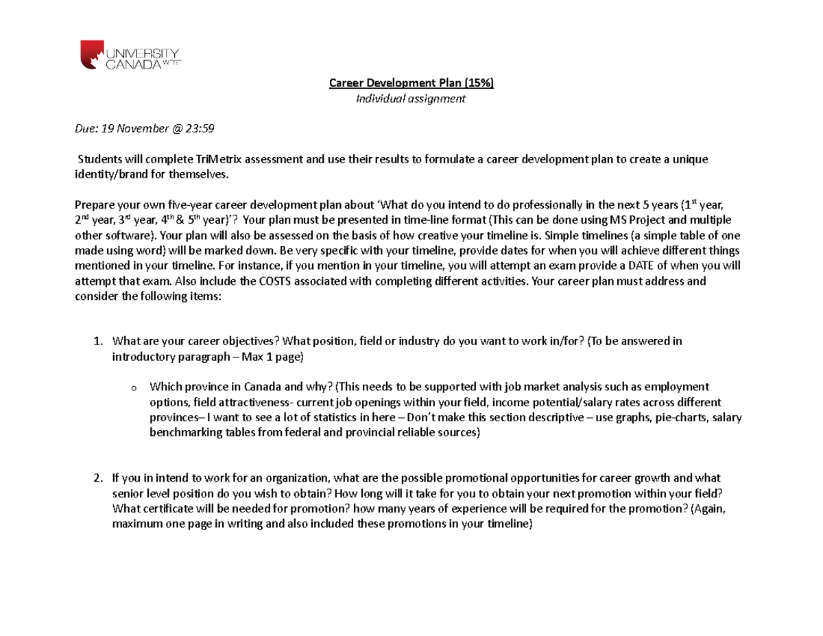 Career Development Plan Guideline - Career Development Plan (15% ...