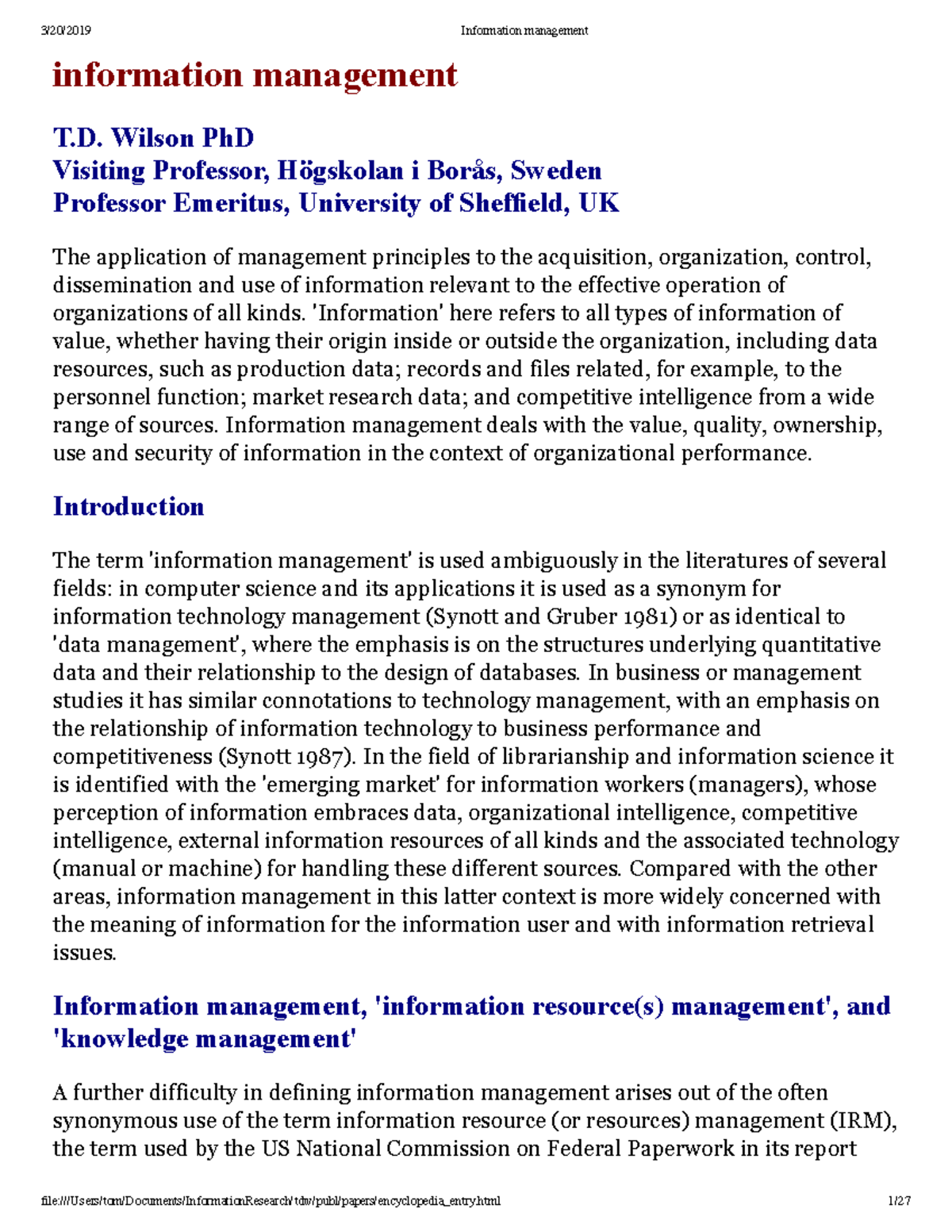 Chapter 3 Information Management Basics - information management T. Wilson PhD Visiting ...